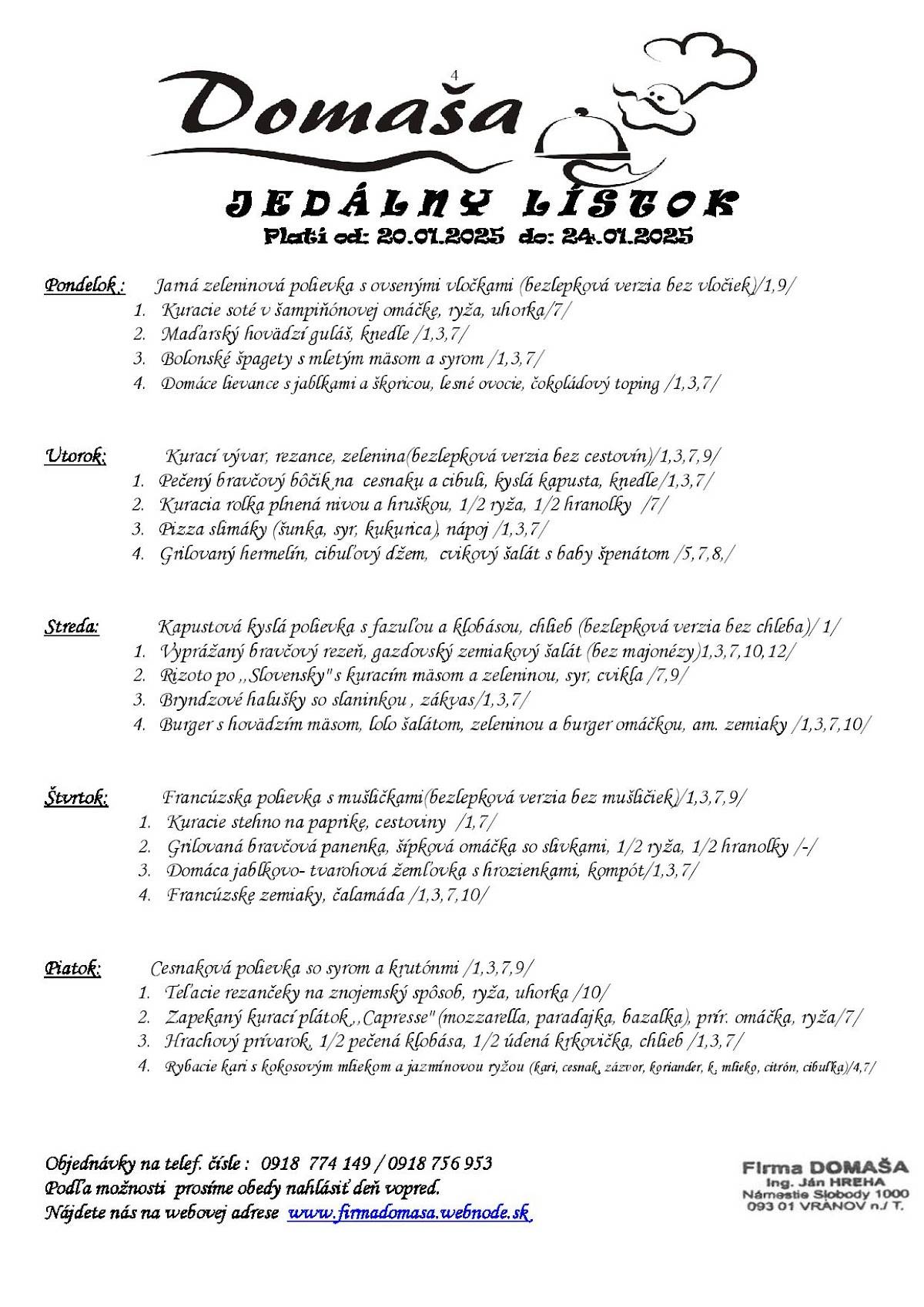 Menu at Domaša restaurant, Vranov nad Topľou