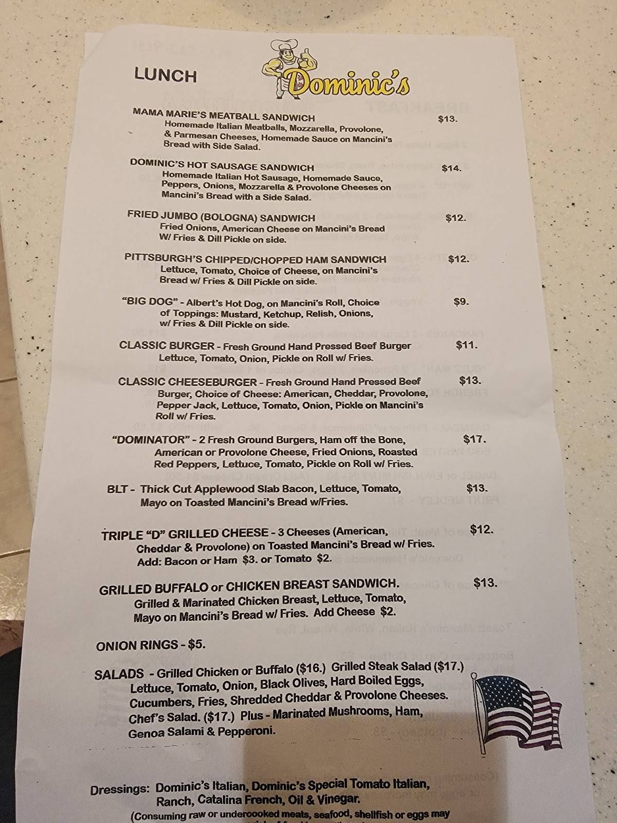 Menu at Dominic’s Diner restaurant, Ross Township