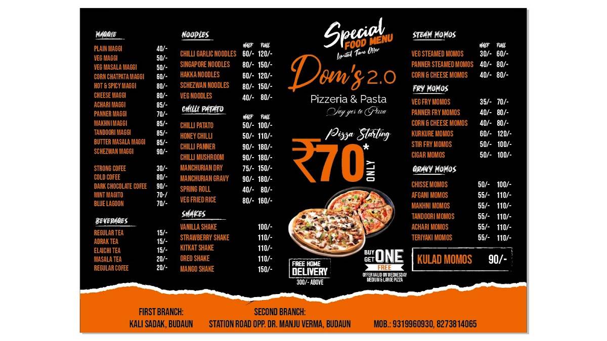 Menu at Dom's 2.0 pizzeria and pasta, Budaun