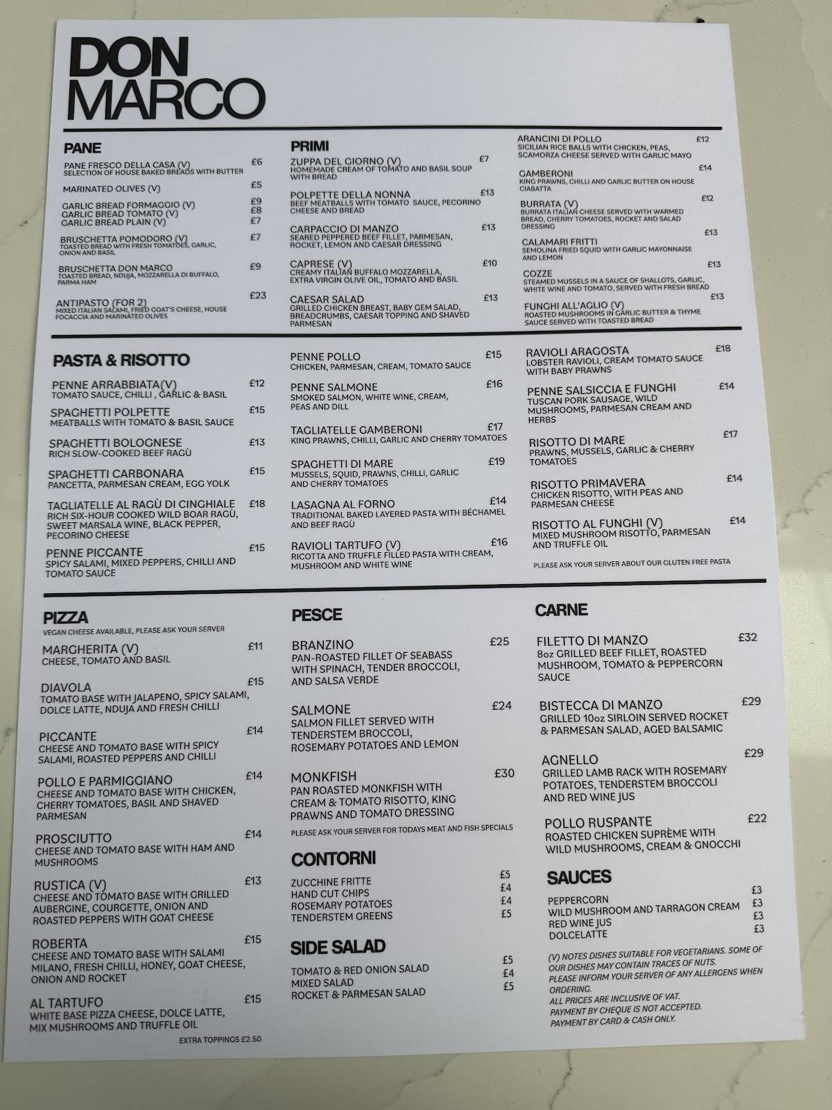 Menu at Don Marco pizzeria, Manchester, 1-3
