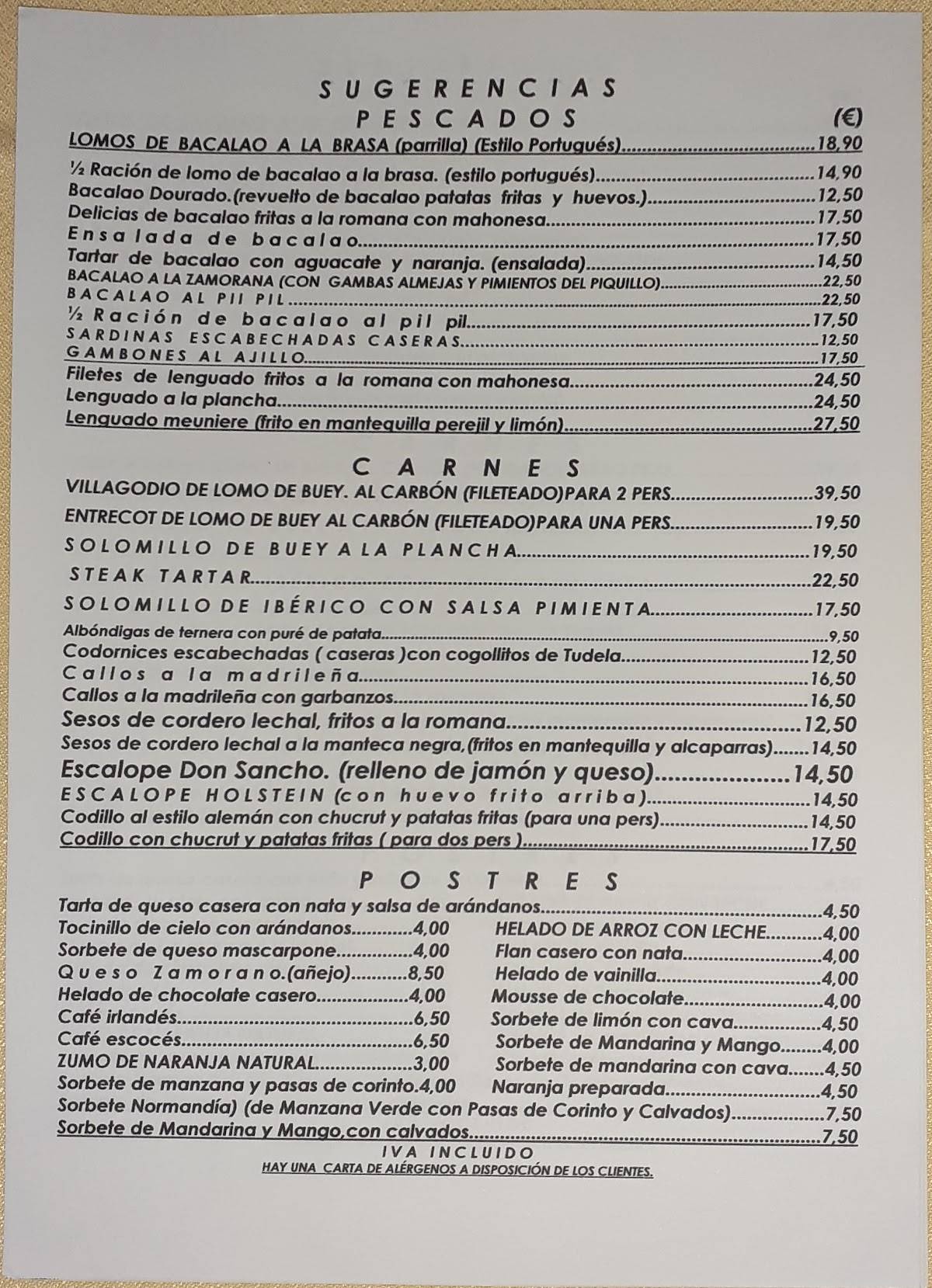 Carta del restaurante Don Sancho, Madrid, Calle del Bretón del los Herreros
