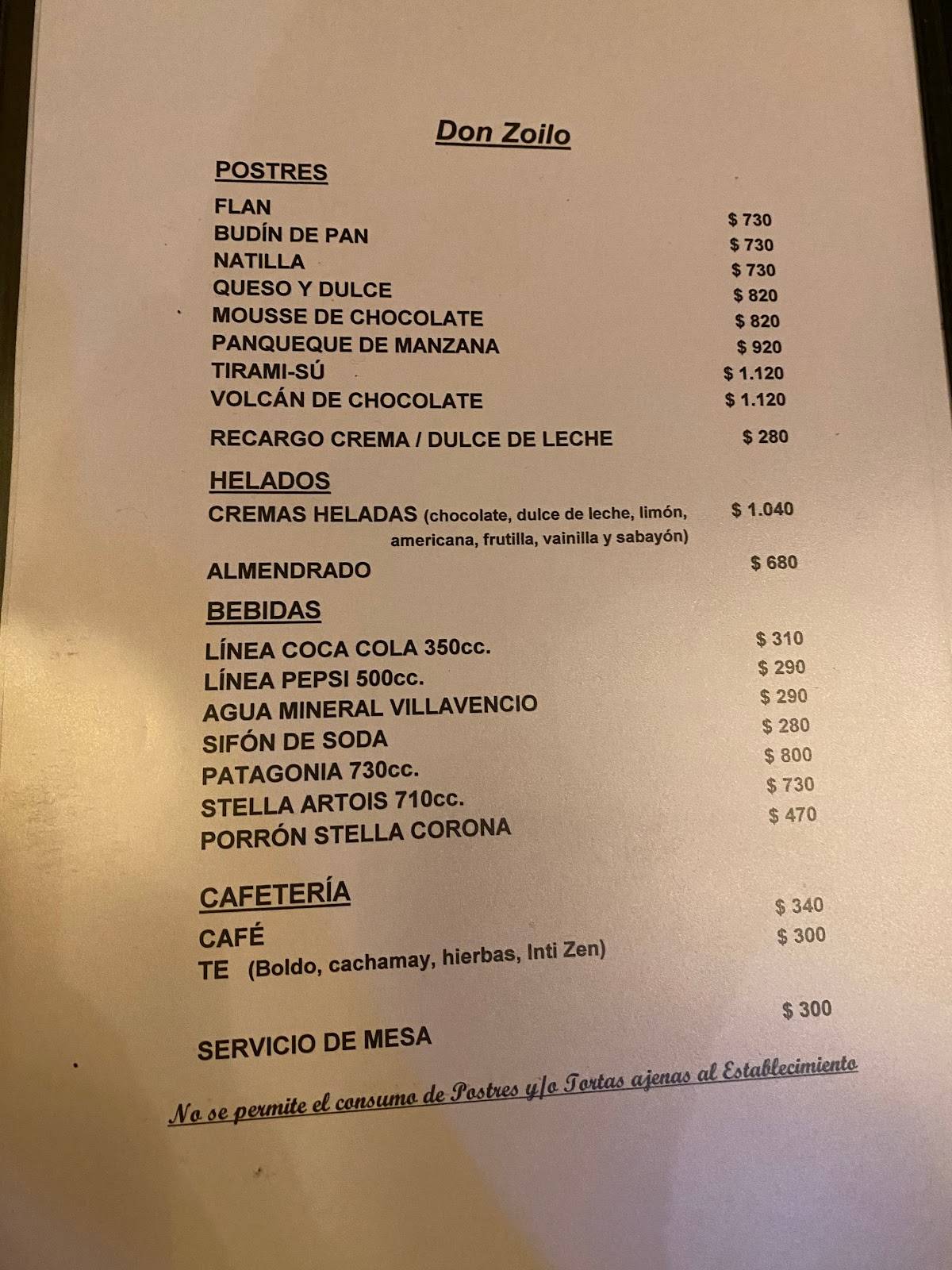 Carta del restaurante Don Zoilo, Buenos Aires