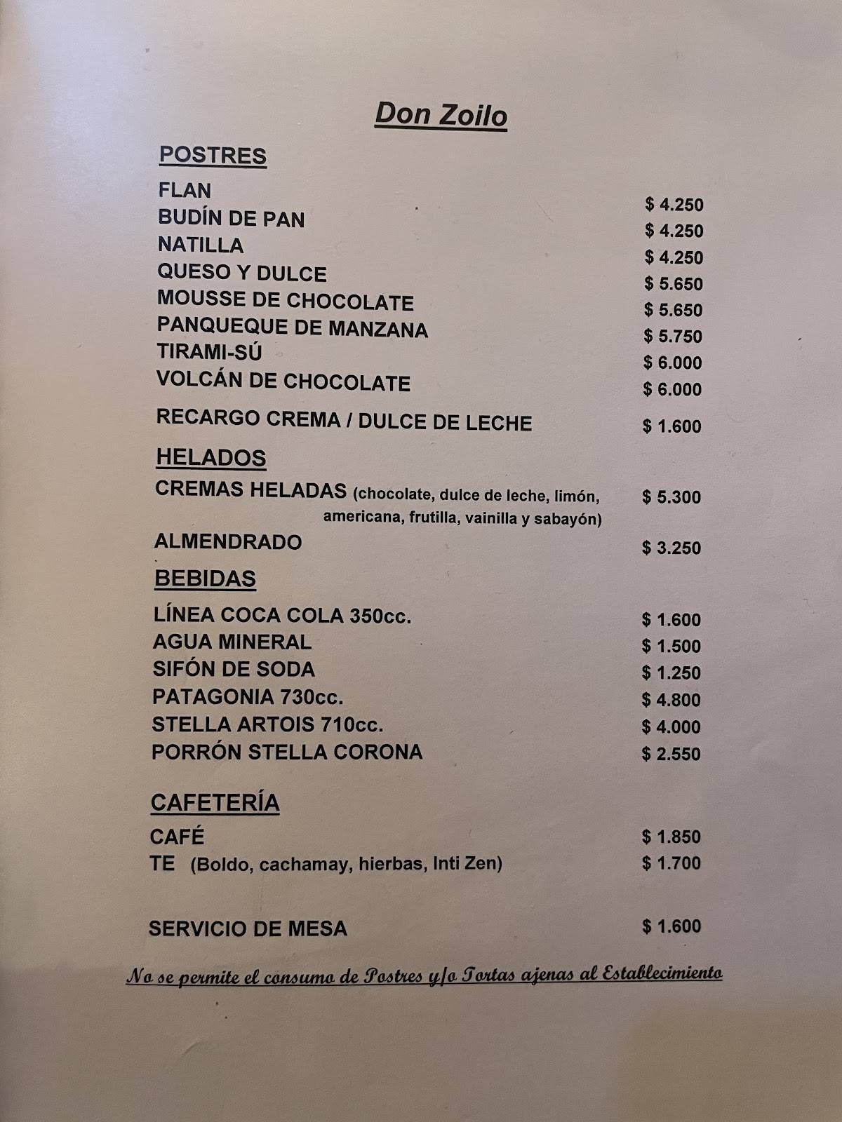 Carta del restaurante Don Zoilo, Buenos Aires