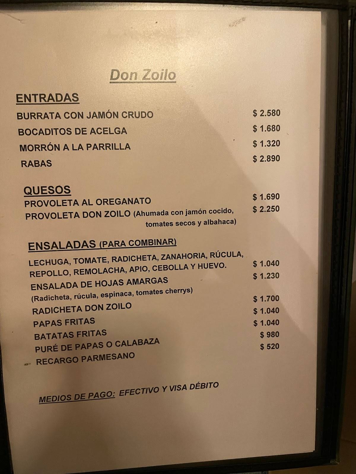 Carta del restaurante Don Zoilo, Buenos Aires