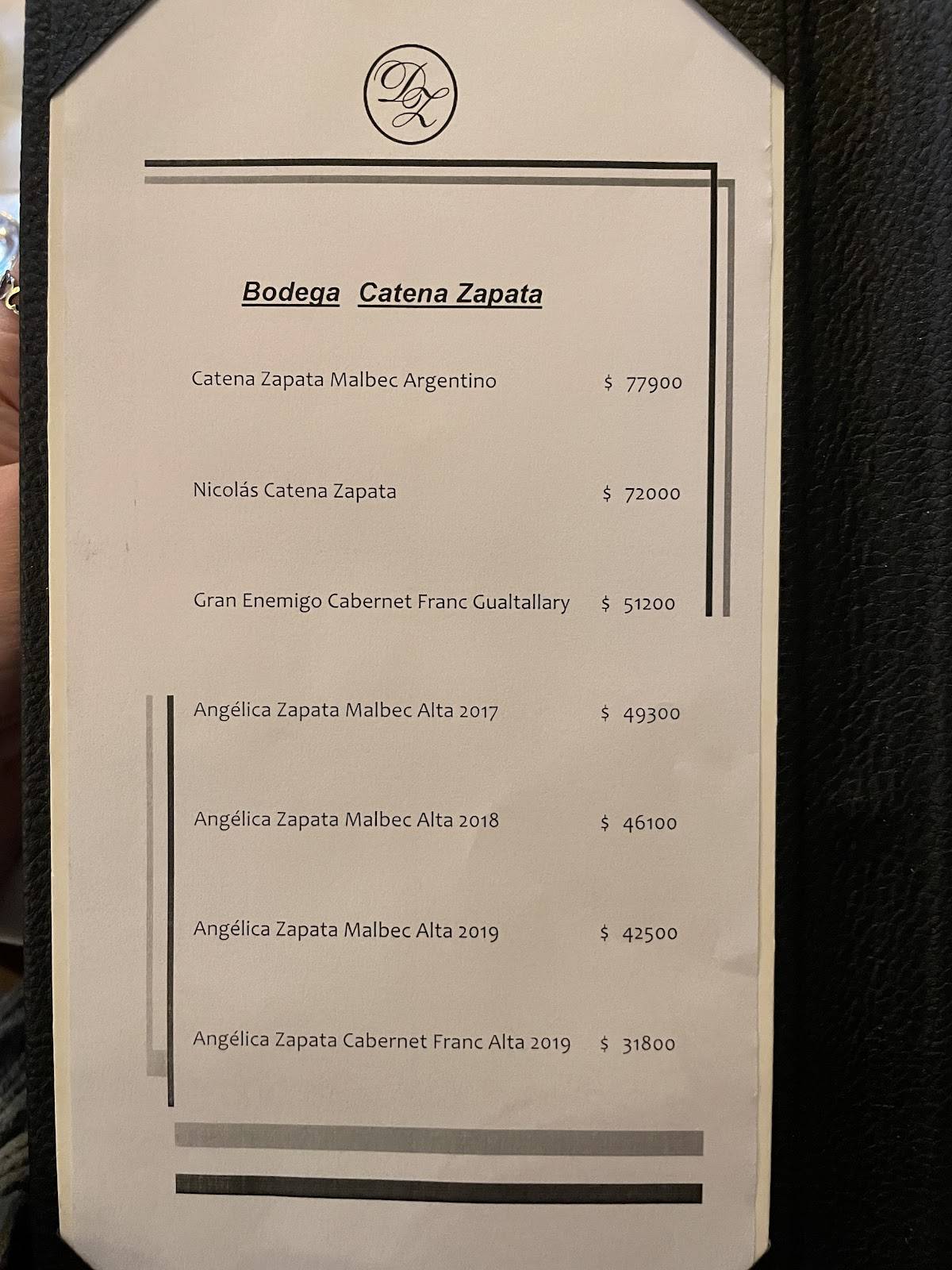 Carta del restaurante Don Zoilo, Buenos Aires