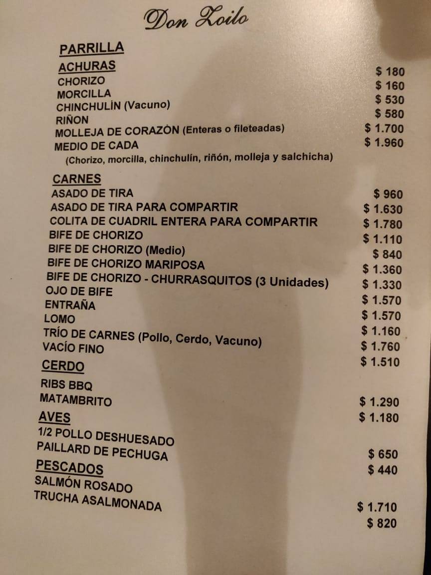 Carta del restaurante Don Zoilo, Buenos Aires