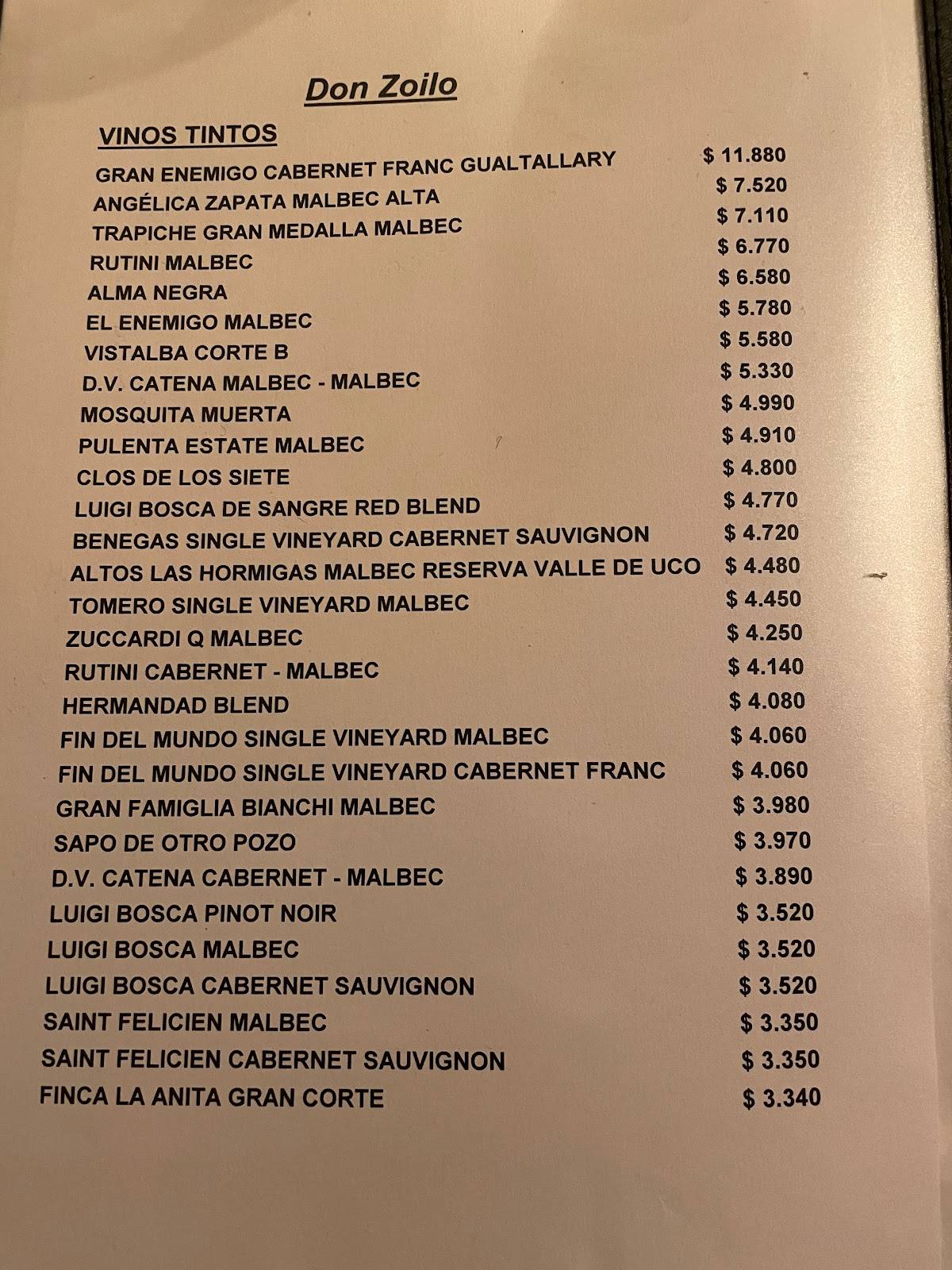 Carta del restaurante Don Zoilo, Buenos Aires