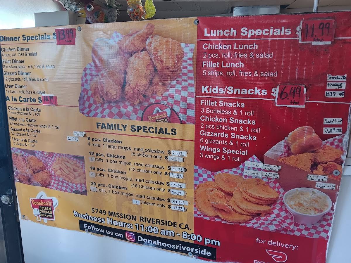 Menu at Donahoo's Golden Chicken restaurant, Riverside