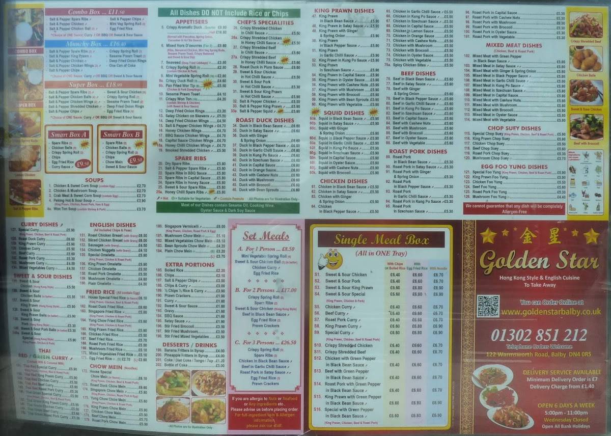 Menu at Golden Star fast food, Doncaster, 122 Warmsworth Rd
