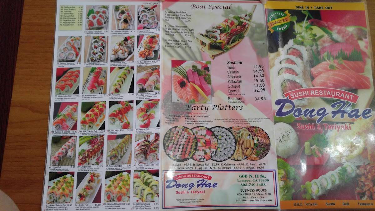 Menu at Dong Hae Sushi restaurant, Lompoc