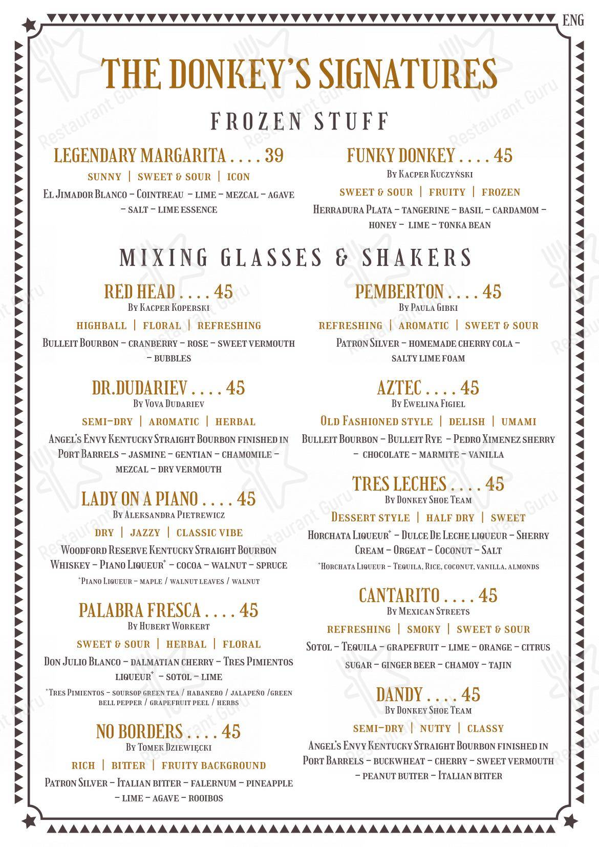 Menu at Donkey Shoe - Cocktail Drink Bar - Fabryka Norblina, Warsaw