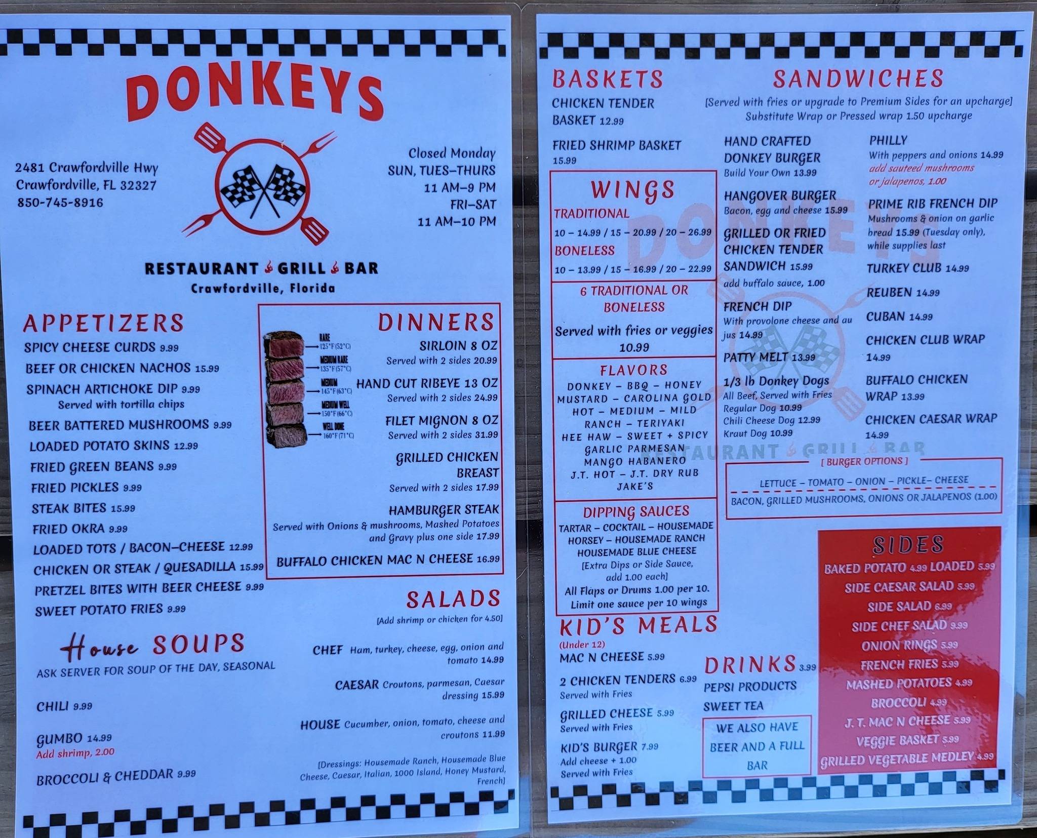 Menu at Donkeys Bar & Grill, Crawfordville