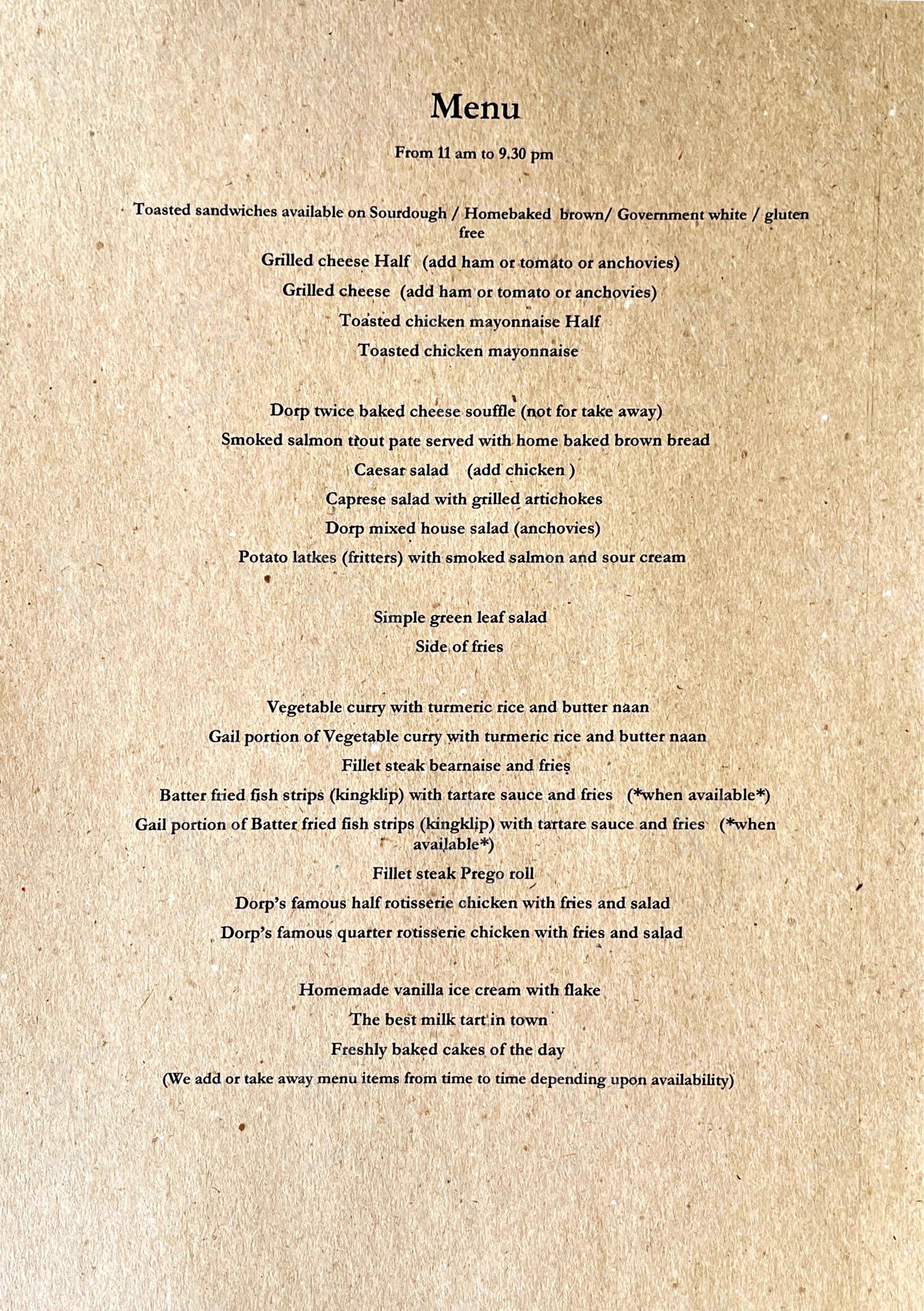 Menu at Dorp Hotel restaurant, Cape Town
