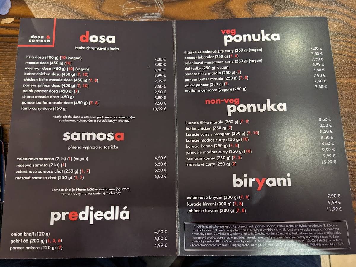 Menu at Dosa & samosa INDIAN Restaurant, Bratislava