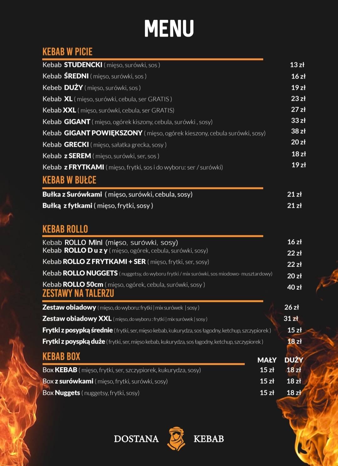 Menu at Dostana Kebab restaurant, Lublin, Wróbla 66