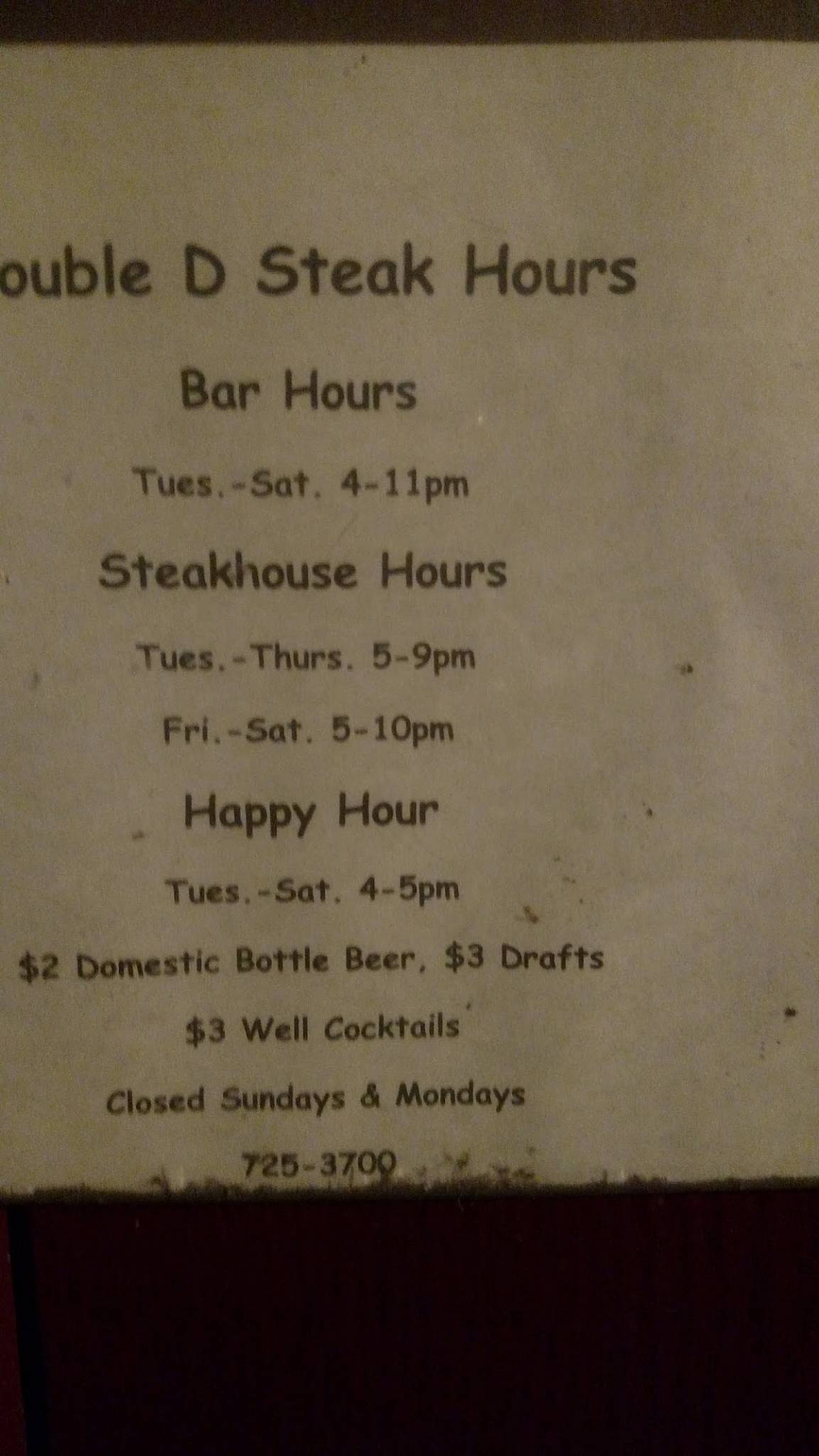 Menu at Double D Steak LLC steakhouse, Fortuna