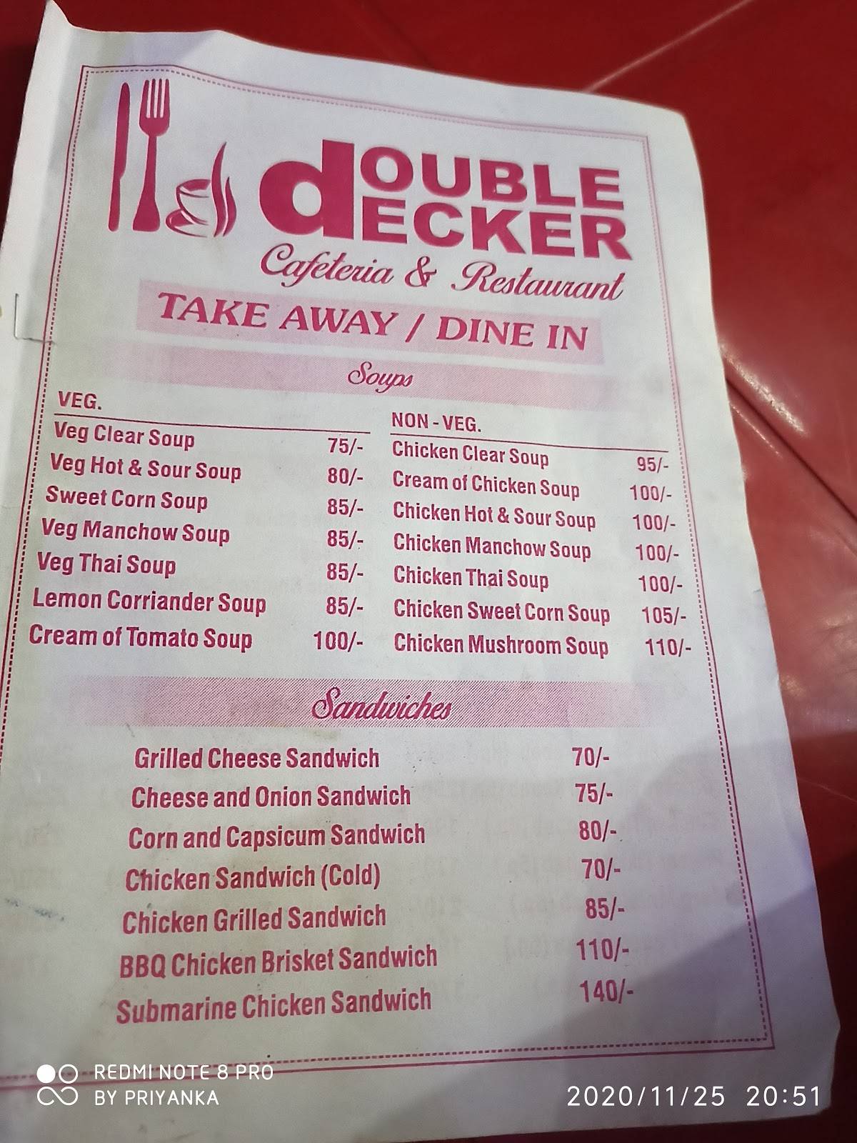 Menu at Double Decker Cafeteria and Restaurant, Chandannagar