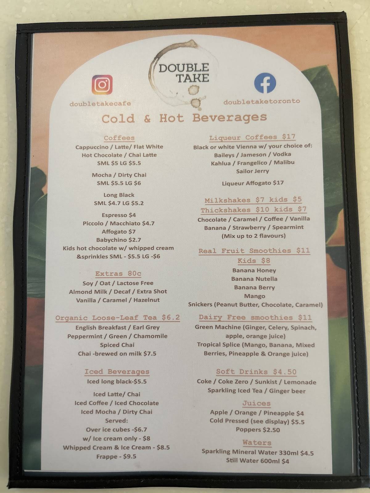 Menu at Doubletake Cafe, Toronto