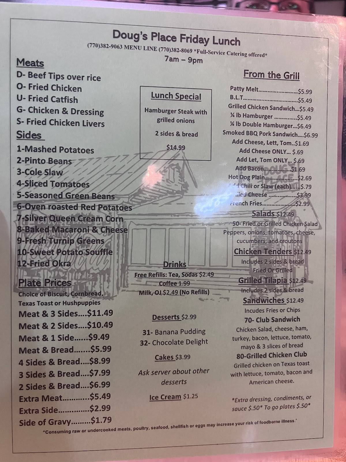 Menu at Doug's Place restaurant, Emerson, 696 GA-293