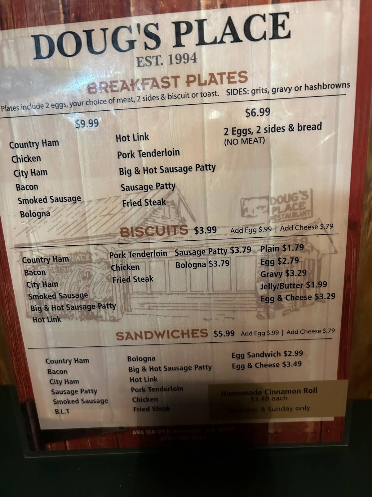 Menu at Doug's Place restaurant, Emerson, 696 GA-293