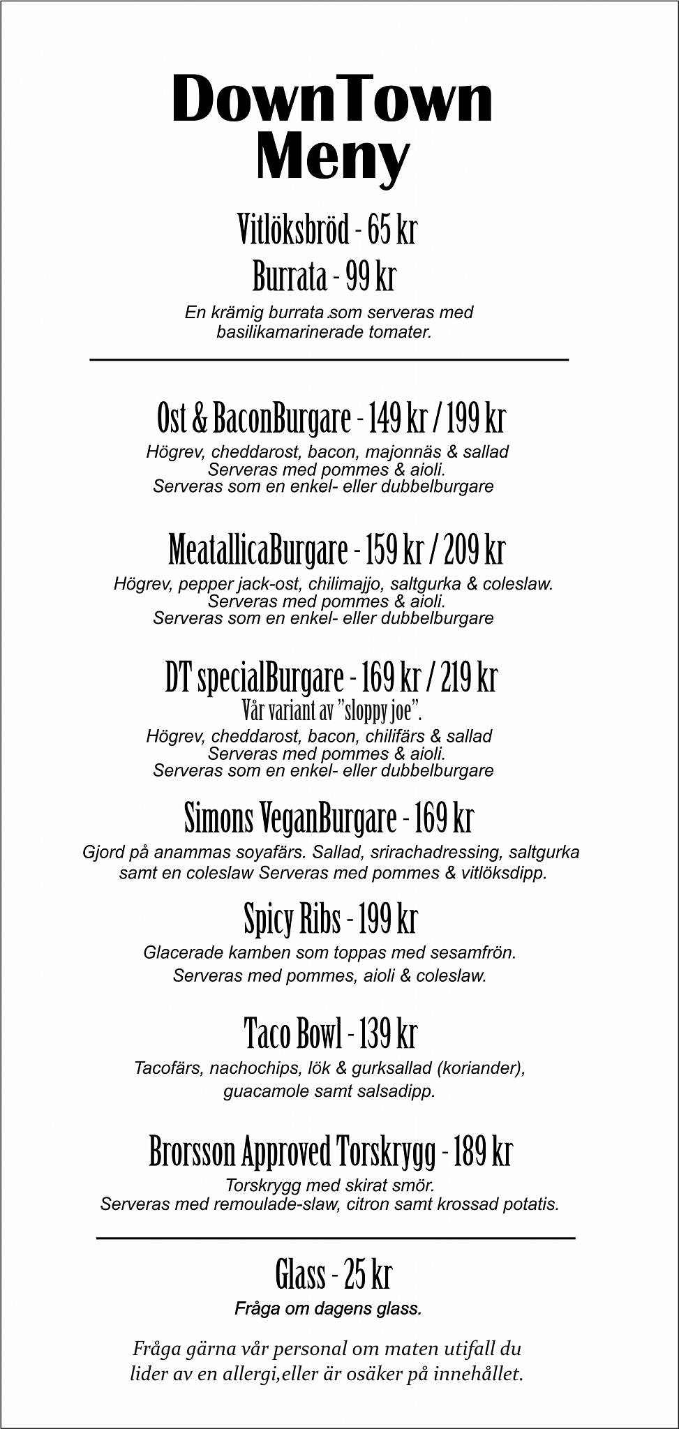 Menu at Down Town Rockbar, Falkenberg
