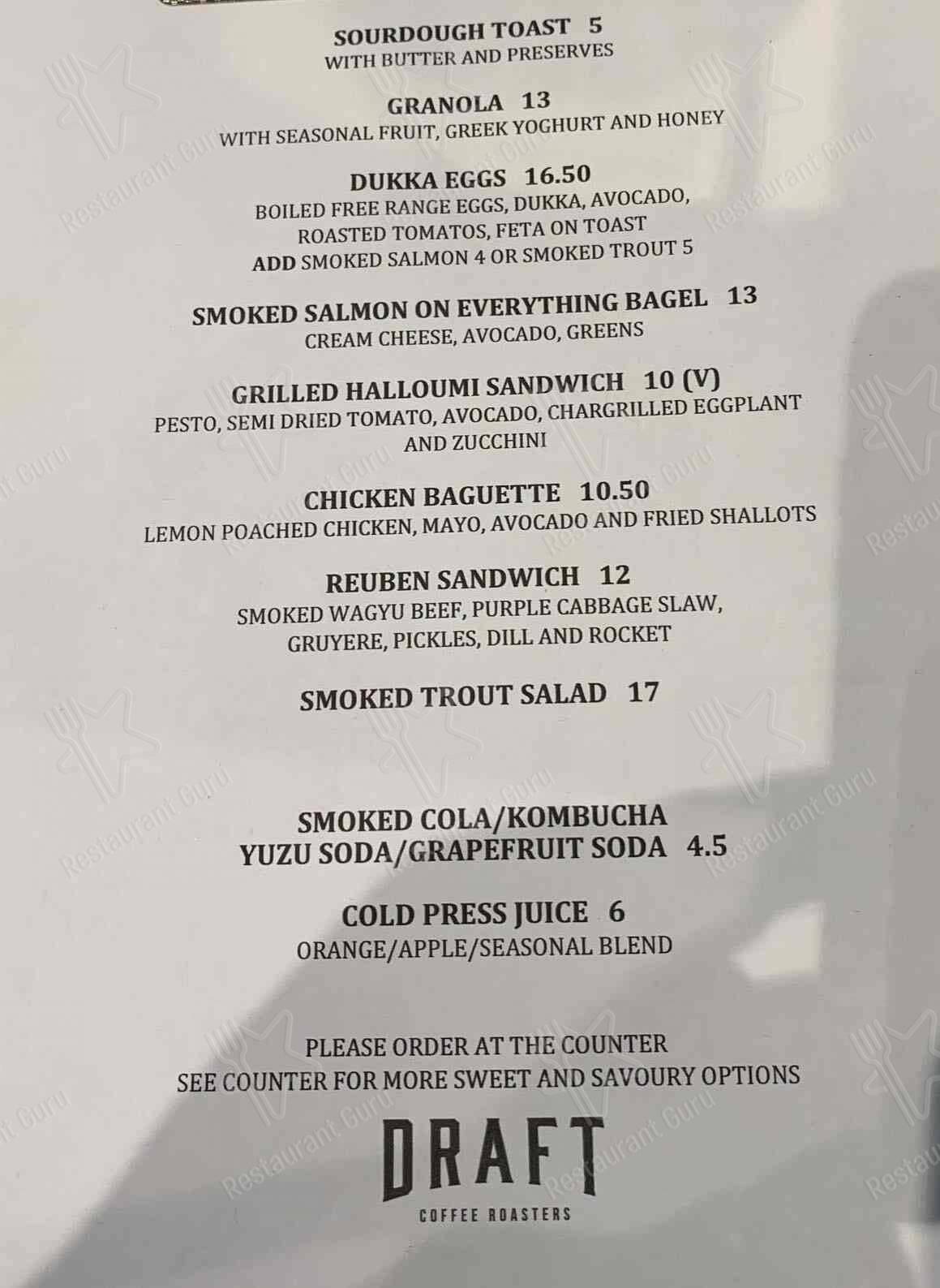 Carta del café Draft Coffee Roasters, Beaconsfield