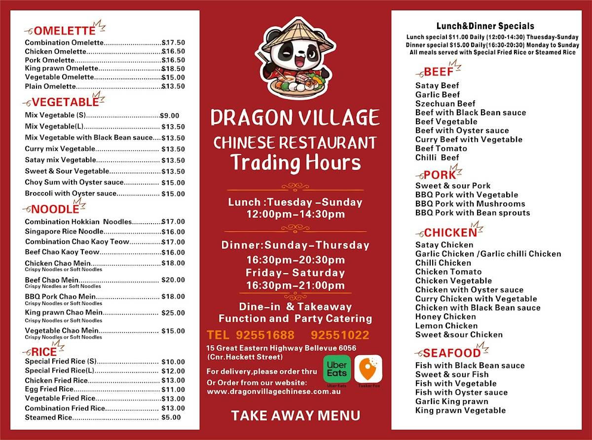 Menu at Dragon Village Chinese Restaurant, Bellevue