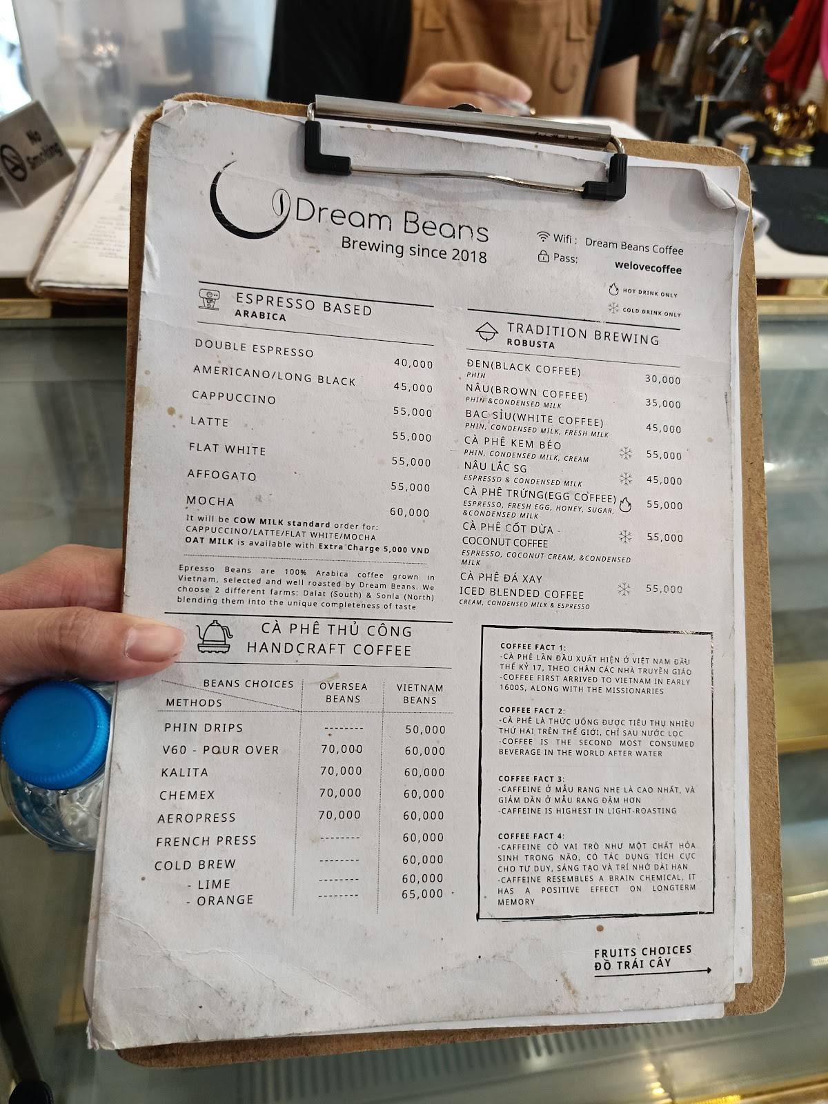Menu at Dream Beans Coffee Roastery cafe, Hanoi