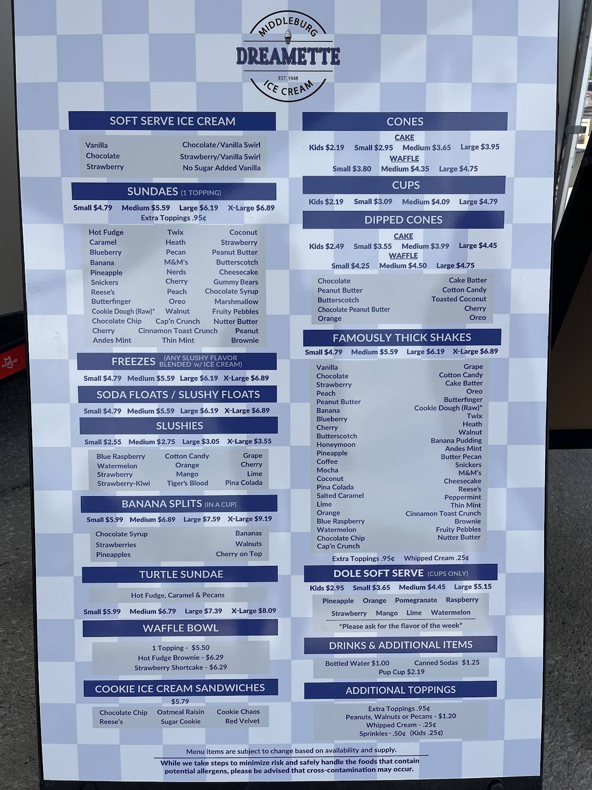 Menu at Dreamette Ice Cream Middleburg, Middleburg