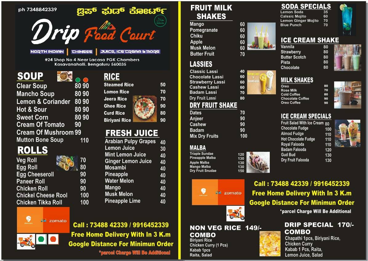 Menu at Drip food court - Best food in bangalore North Indian South ...