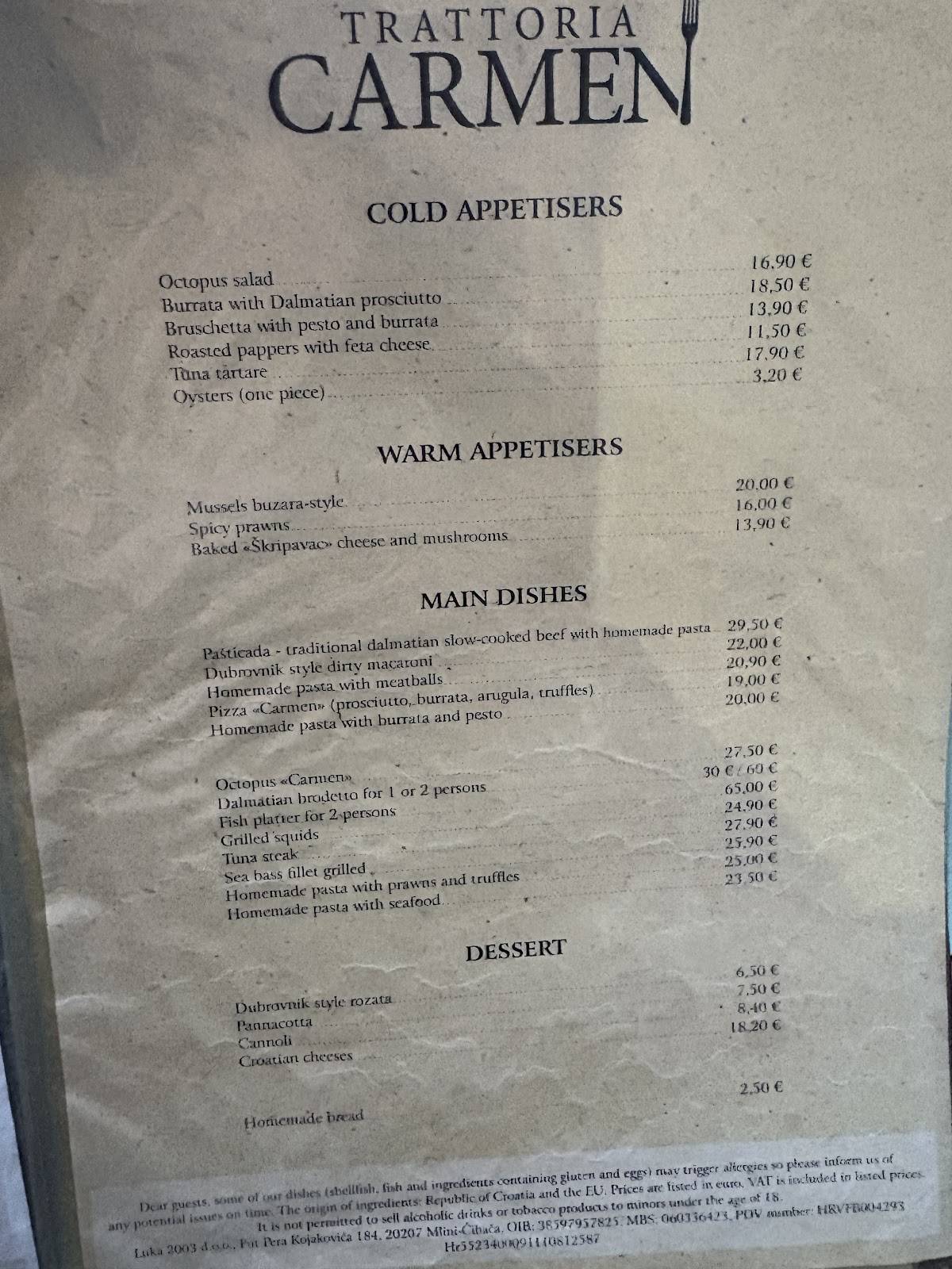 Menu da Trattoria Carmen ristorante, Ragusa