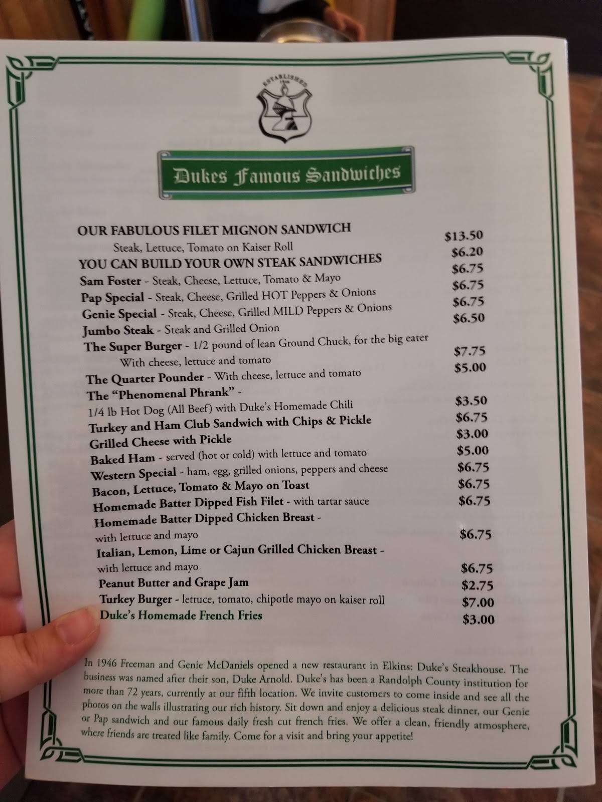 Menu at Duke's Steakhouse, Elkins, Harrison Ave