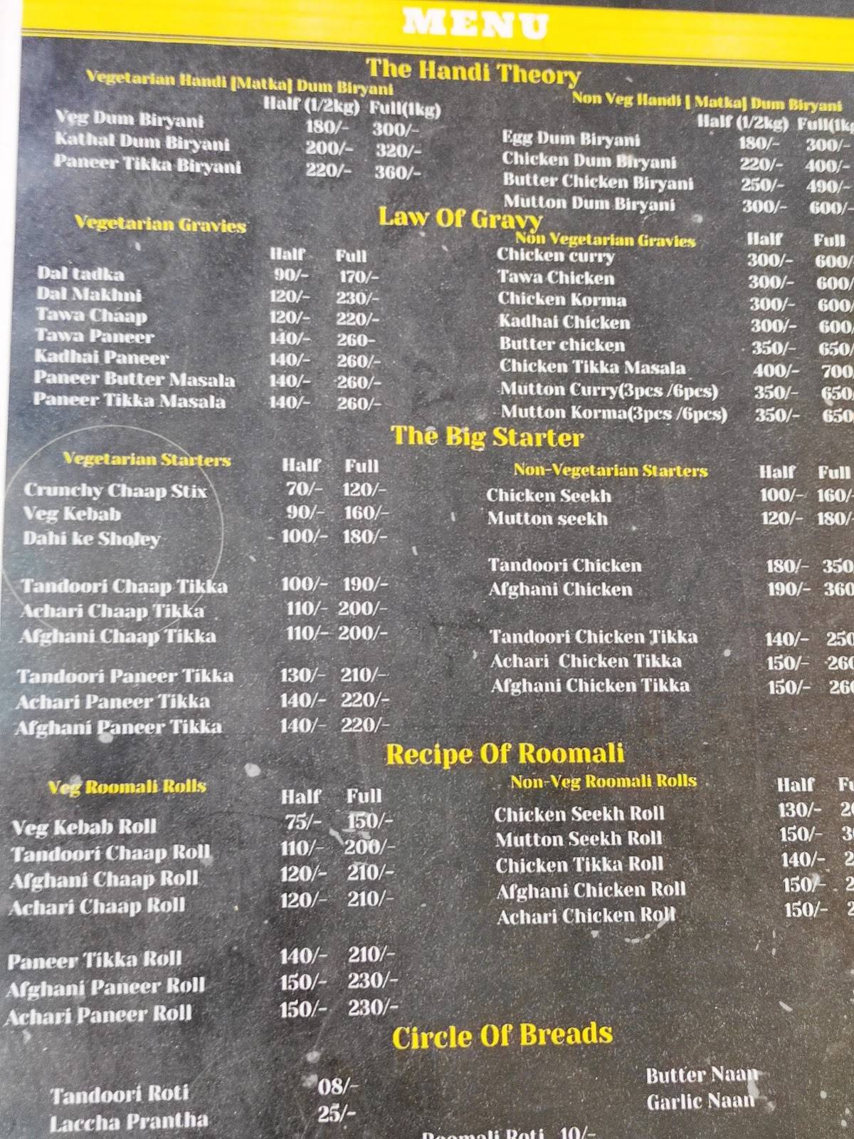 Menu at Dum Theory, New Delhi