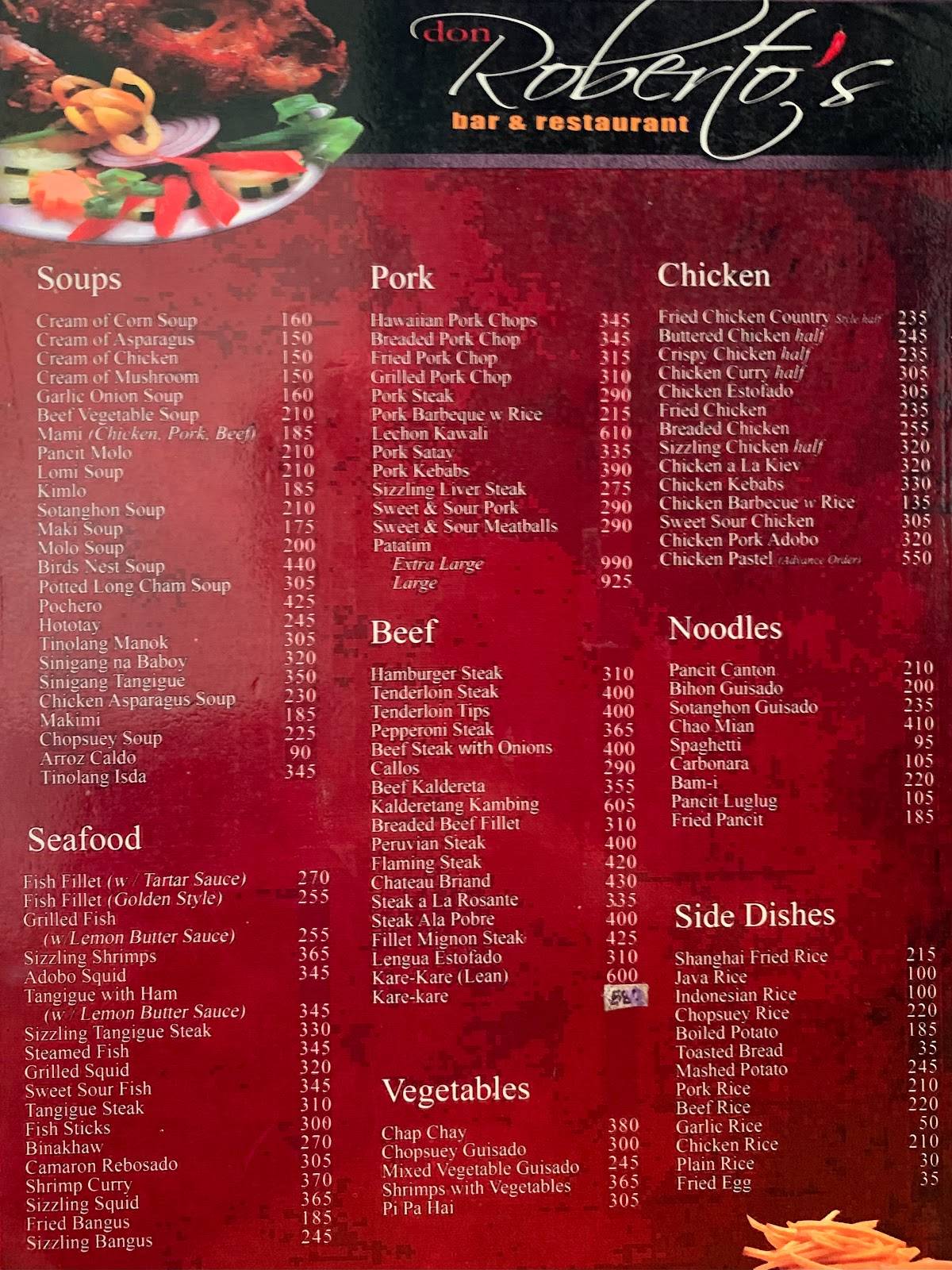 Menu at Don Roberto's Bar & Restaurant, Dumaguete