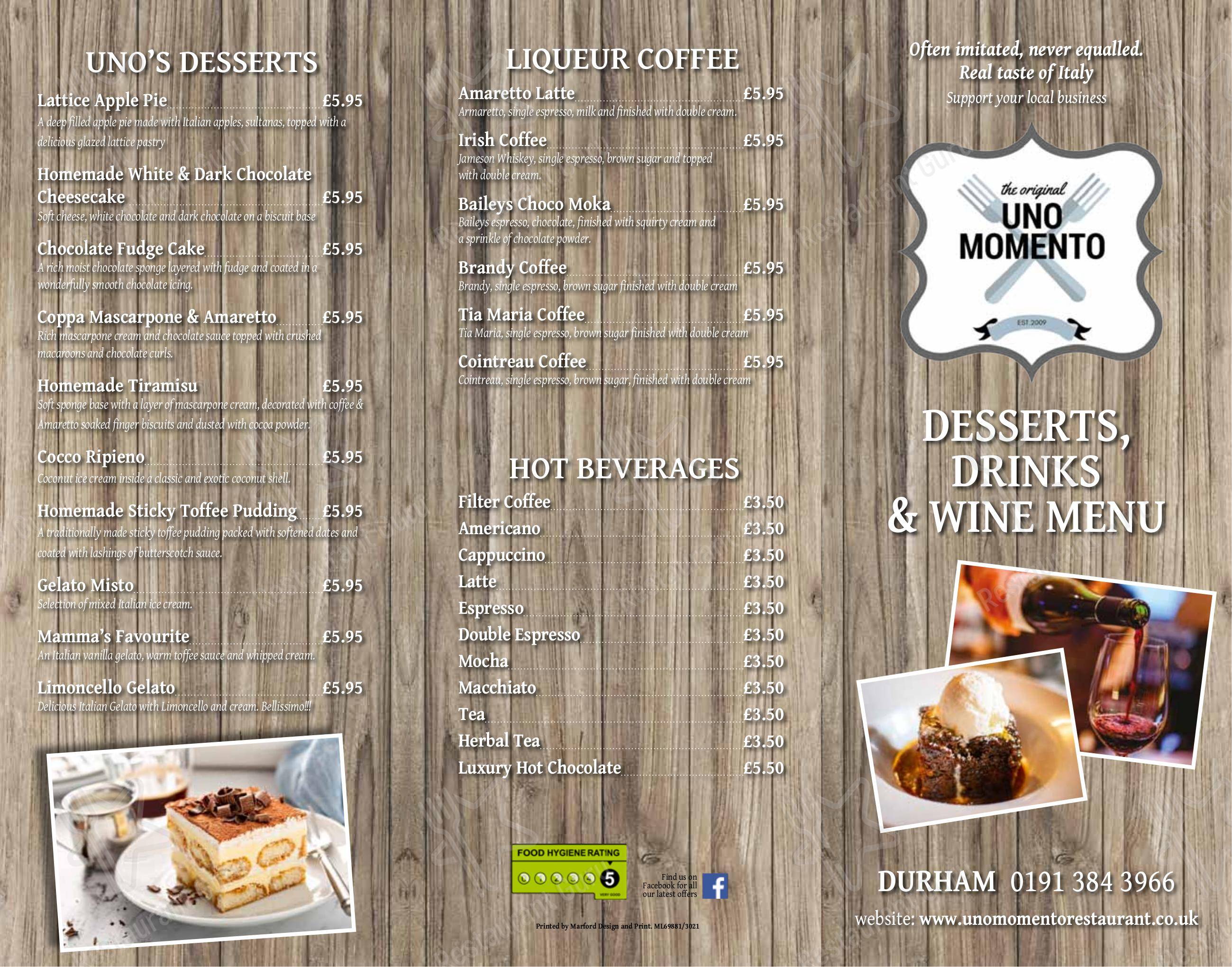 Menu at Uno Momento restaurant, Durham