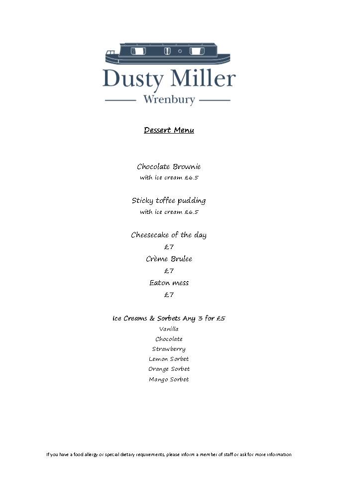Menu at Dusty Miller pub & bar, Wrenbury, Cholmondeley Rd