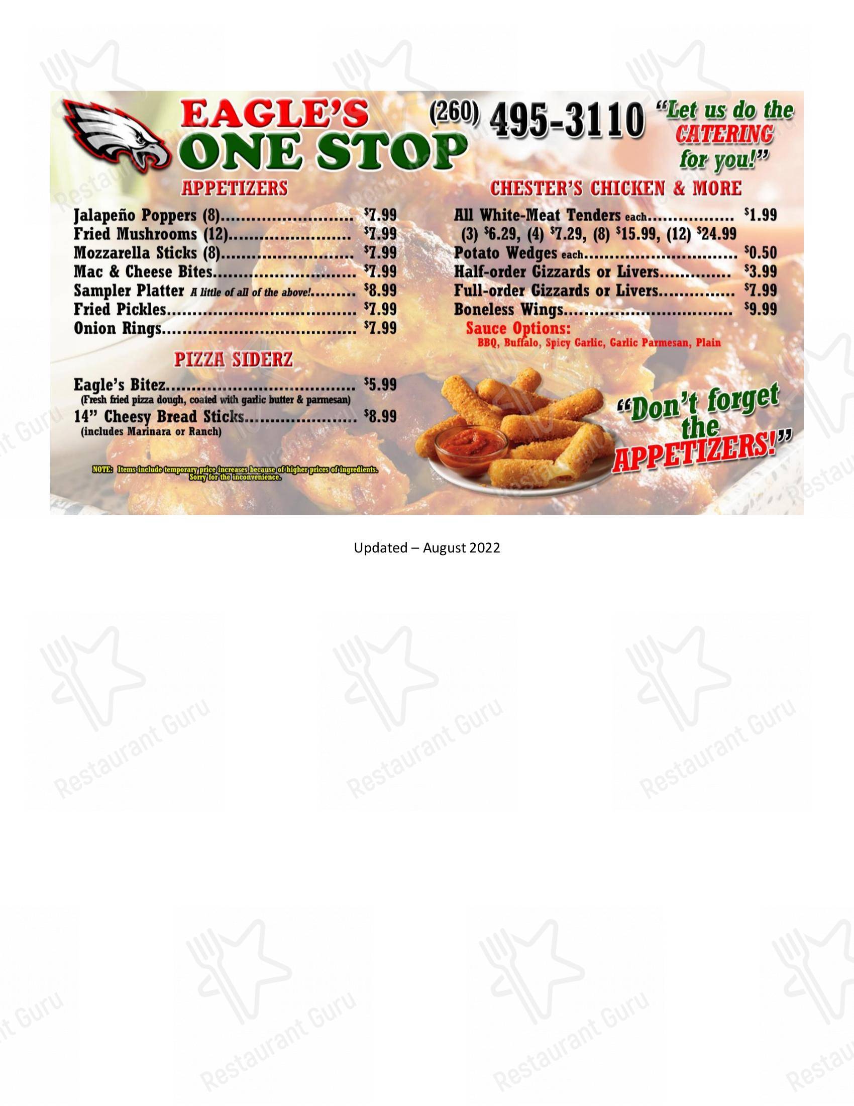 Menu at EAGLE'S ONE STOP PIZZA pizzeria, Fremont