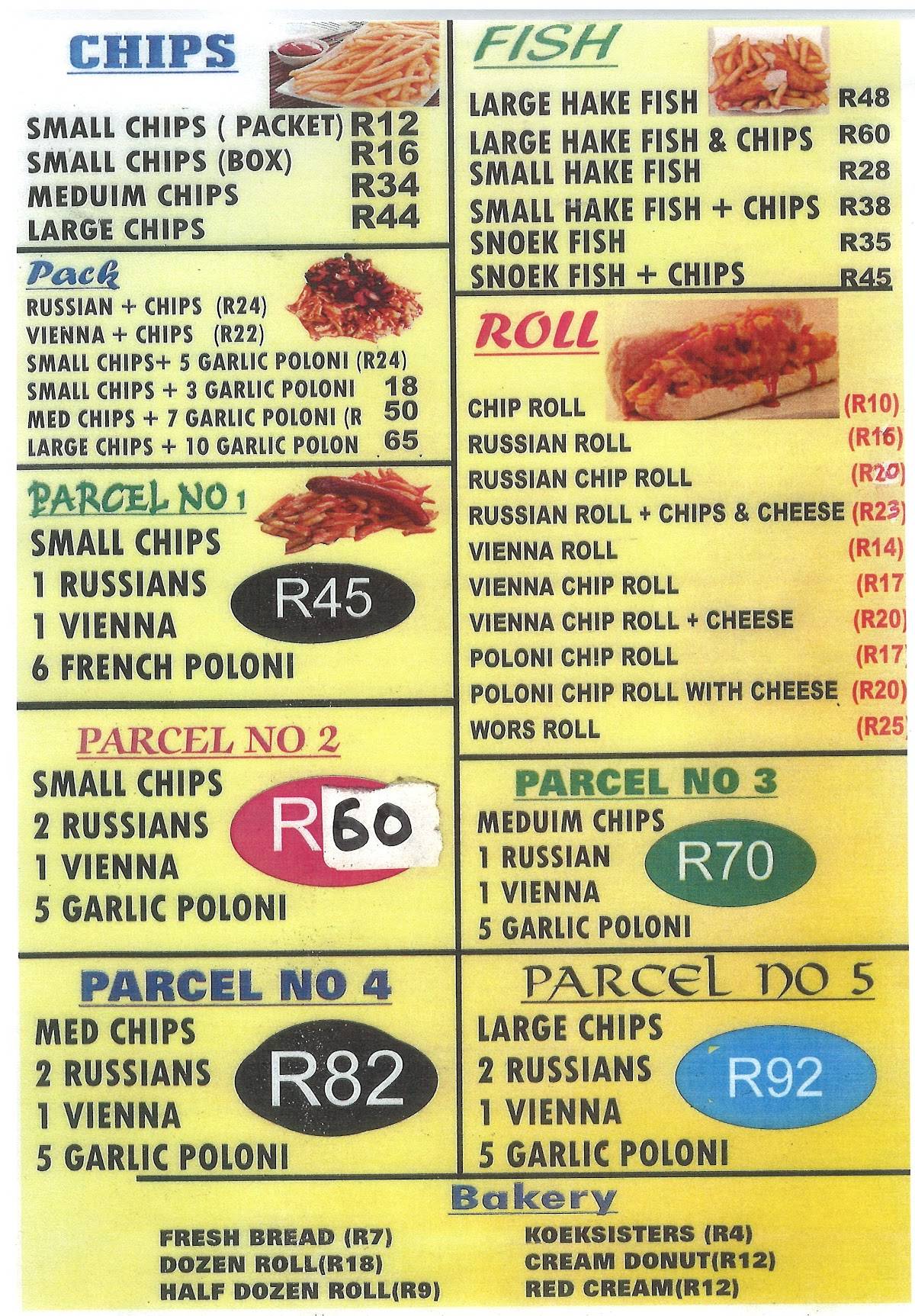 Menu at Eldos Fast Food & Bakery, Soweto