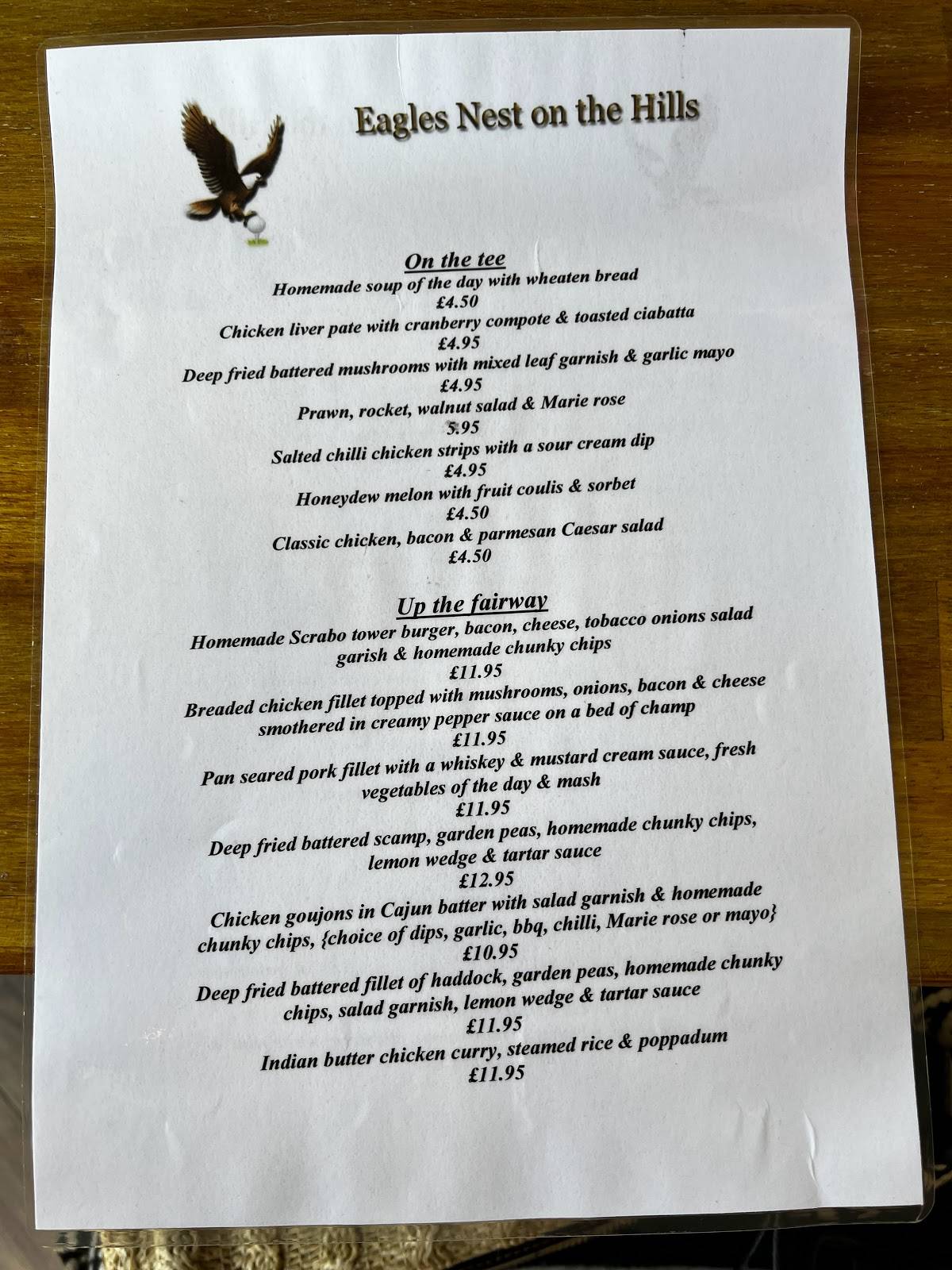 Menu at Eagles Nest on the Hills restaurant, Newtownards