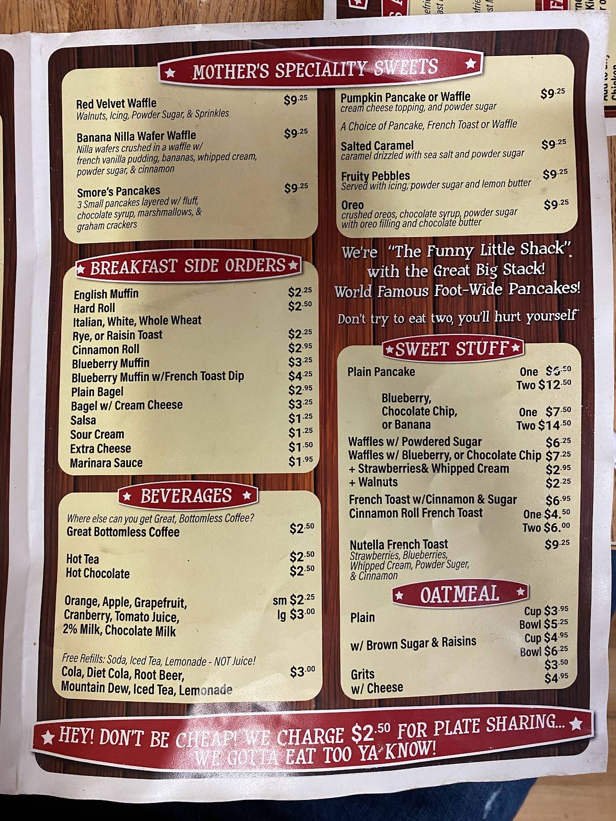 Menu at Mother's Cupboard restaurant, Syracuse