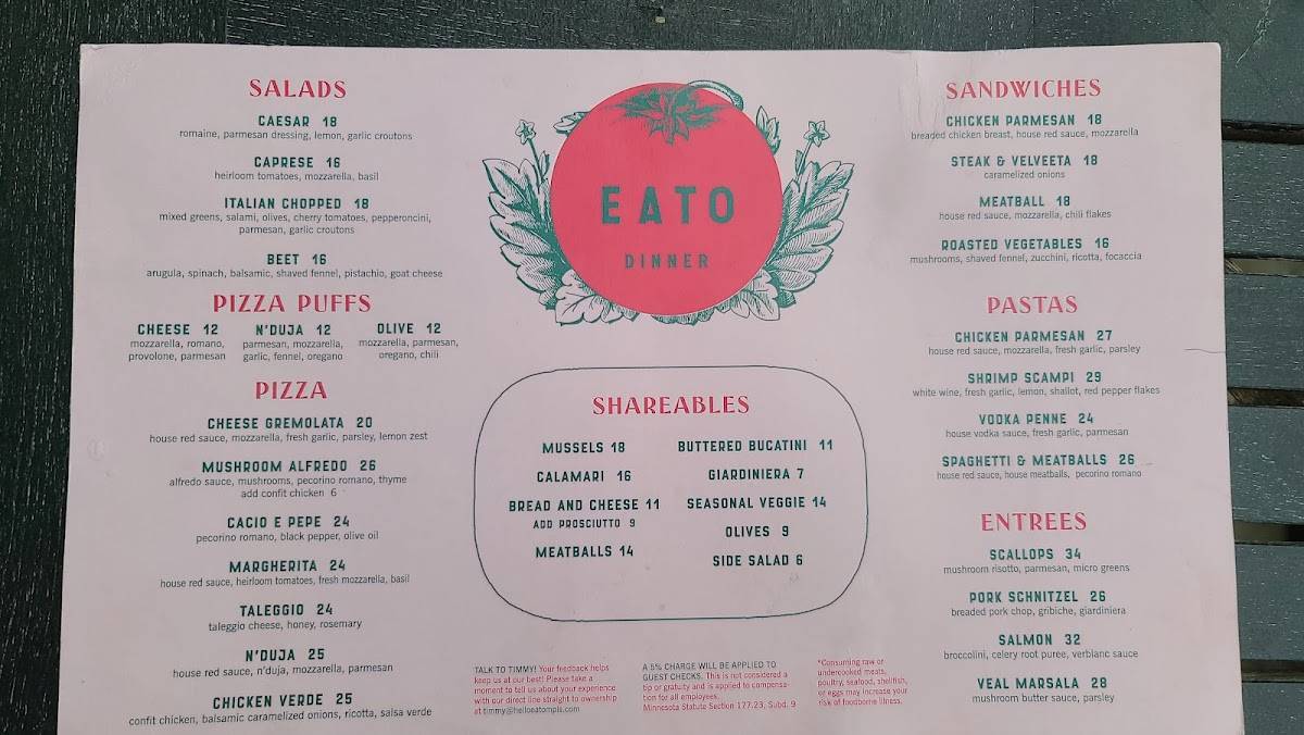 Menu at EaTo pizzeria, Minneapolis