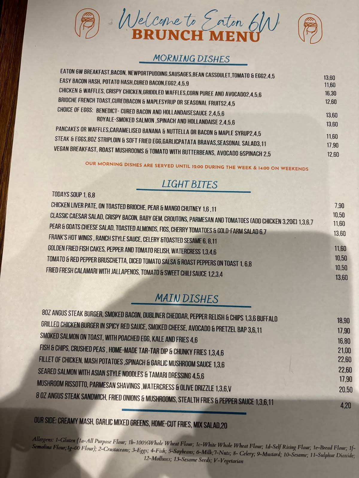Menu at Eaton 6W restaurant, Dublin