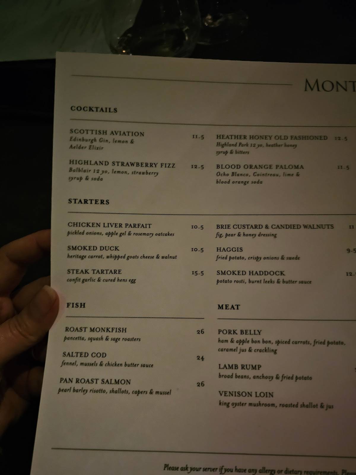 Menu at Monteiths pub & bar, Edinburgh