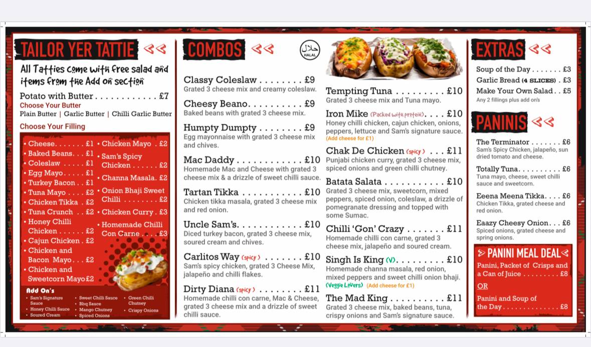 Menu at Tempting Tattie fast food, Edinburgh