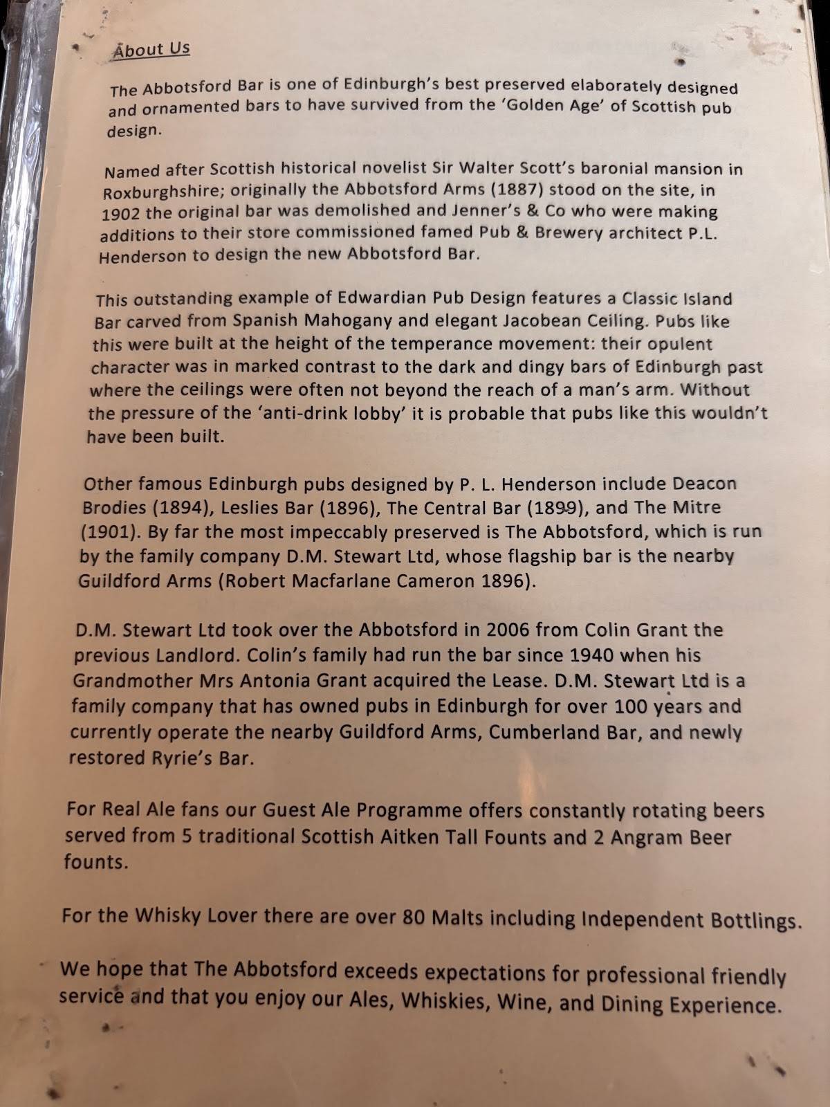Menu at The Abbotsford Bar & Restaurant, Edinburgh