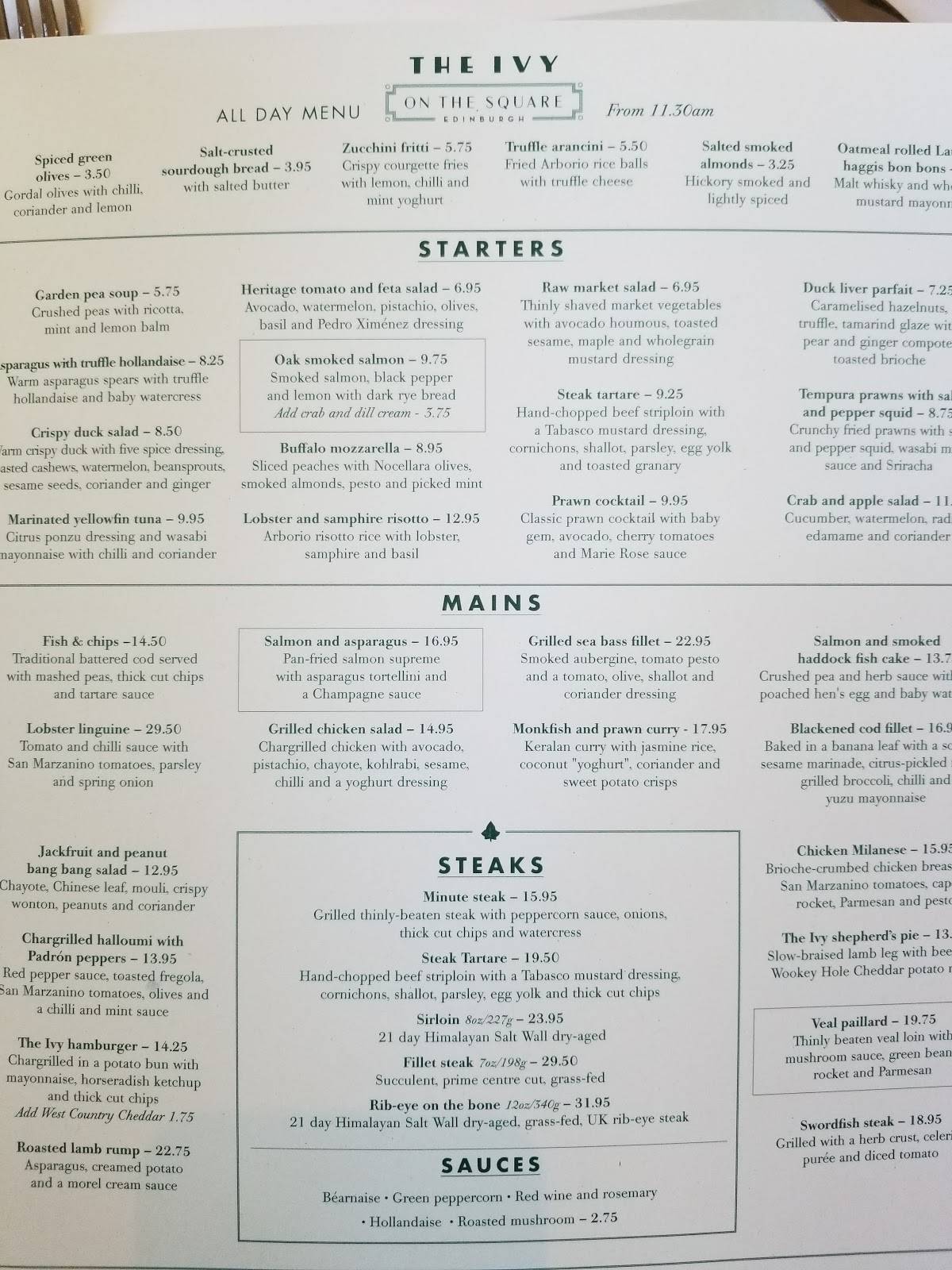 Menu at The Ivy On The Square Edinburgh pub & bar, Edinburgh