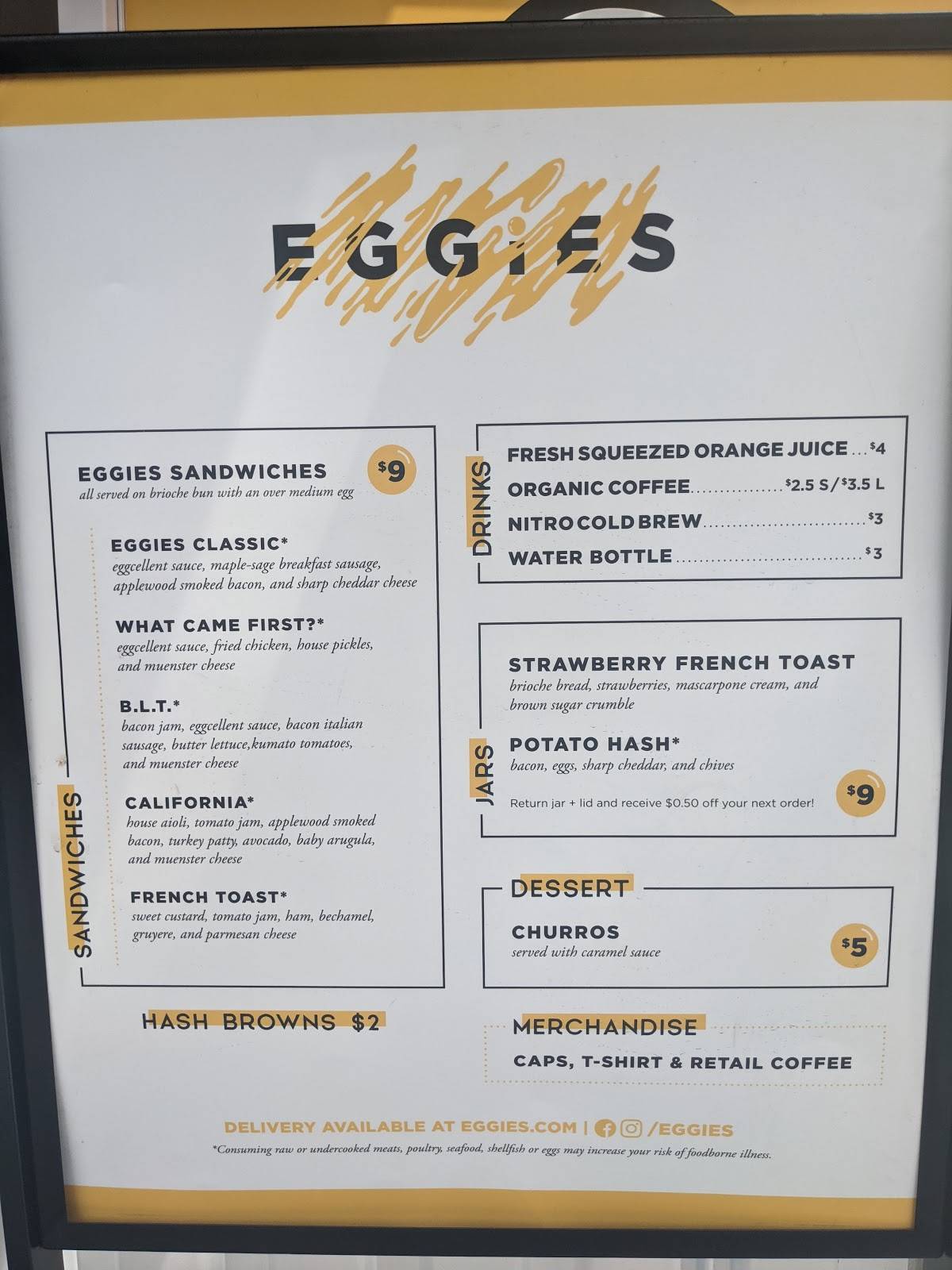 Menu at Eggies restaurant, San Diego, University Ave Suite A