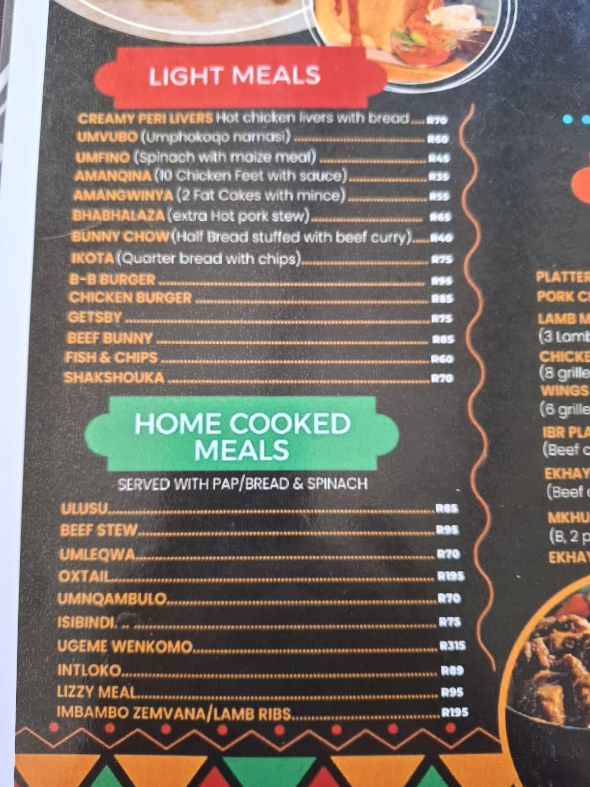 Menu at Ekhaya African Cuisine restaurant, Knysna