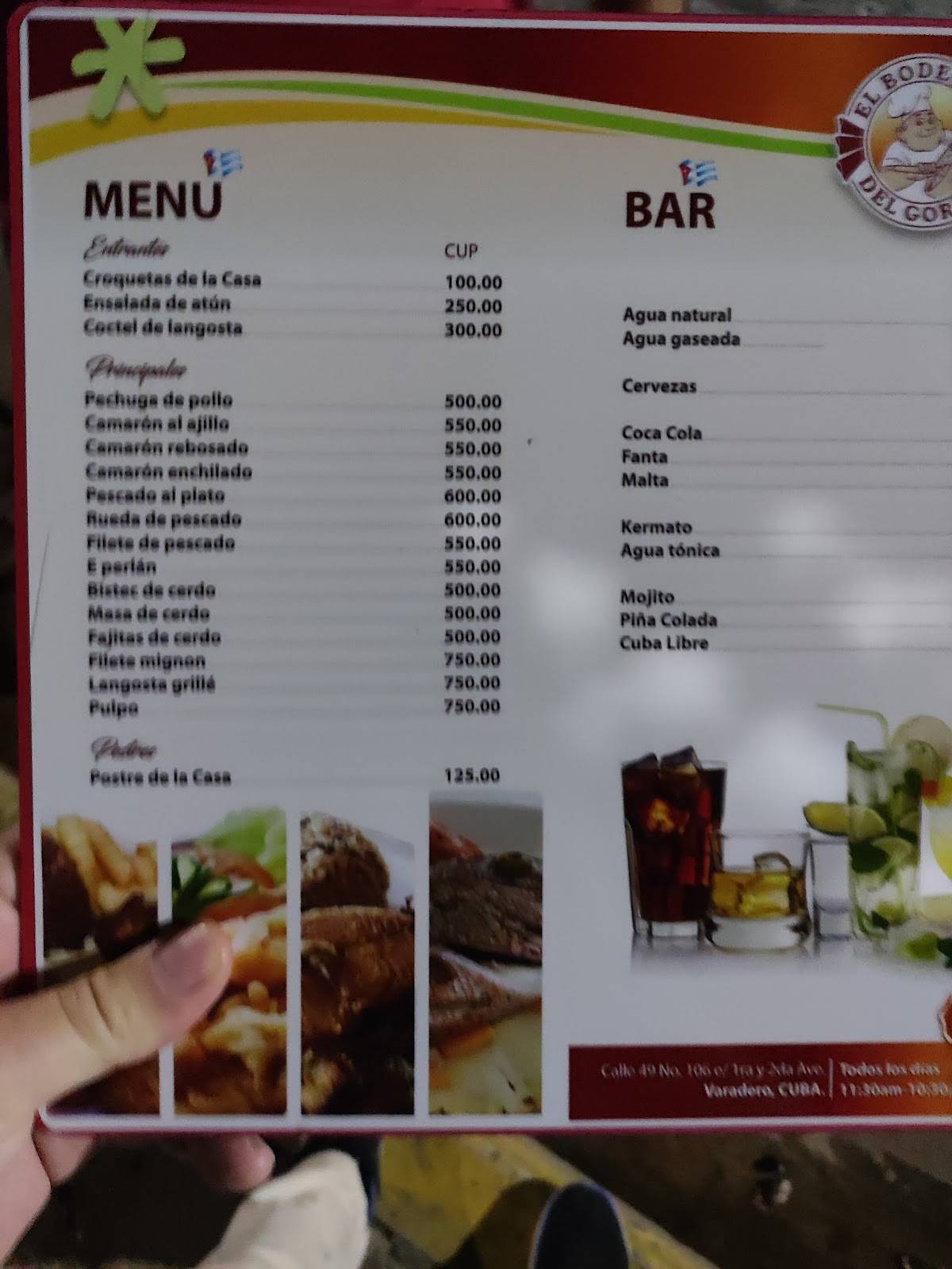 Menu at El Bodegon del Gordo restaurant, Varadero