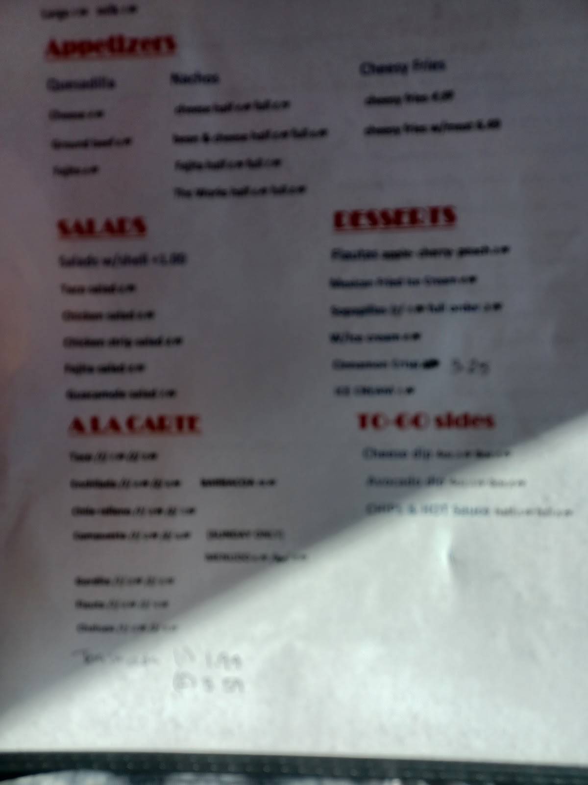 Menu at El Burrito restaurant, Tulia